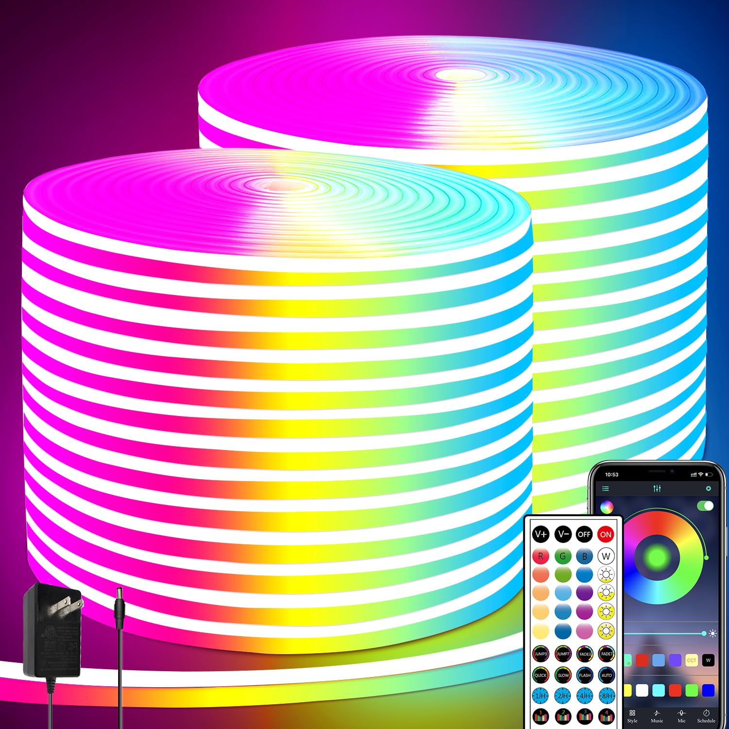 HPZZ 100FT RGB LED neon Rope Lights LED neon Lights with Remote/APP ...