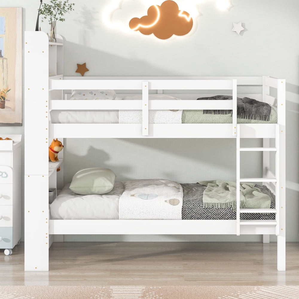HQIT Twin Size Bunk Bed with Built-in Shelves Beside Both Upper, Twin Over Twin Solid Wood Bed ...