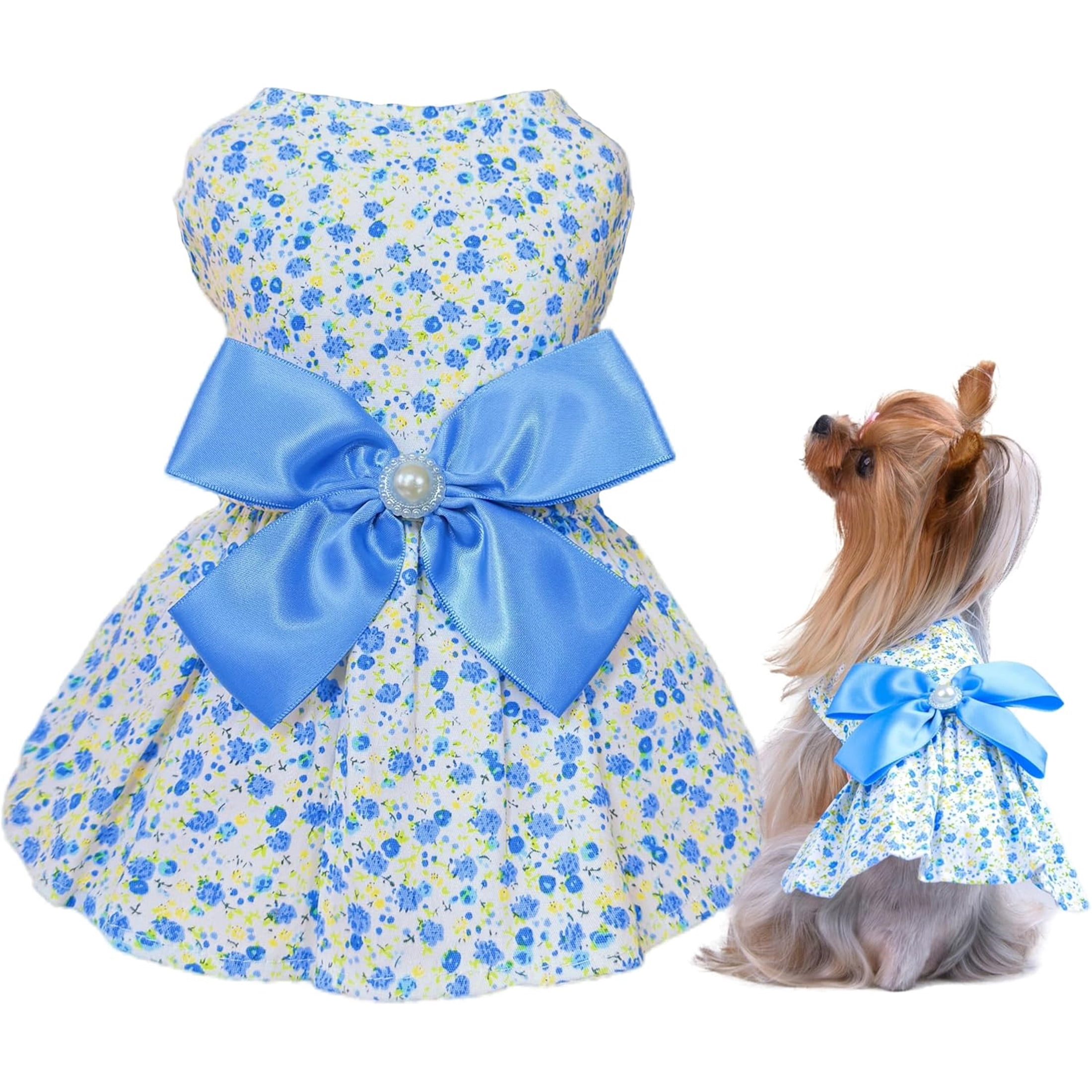 HQREA Floral Print Dog Dress with Satin Bow and Pearl for Small Dogs ...