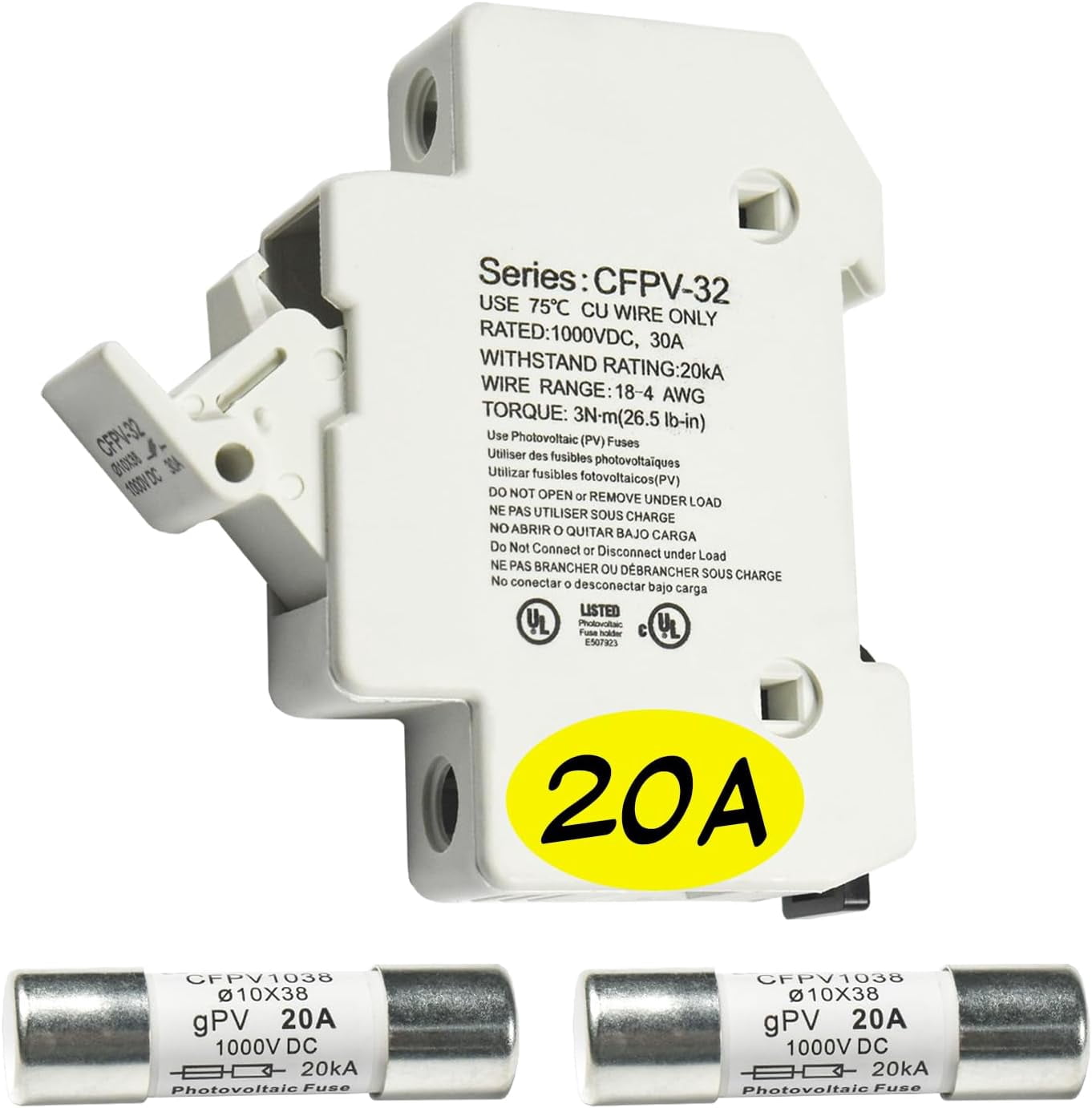HQRP Combo: 1-Pack Solar PV CFPV-32 DIN Rail Fuse Holder, 1-32Amp ...