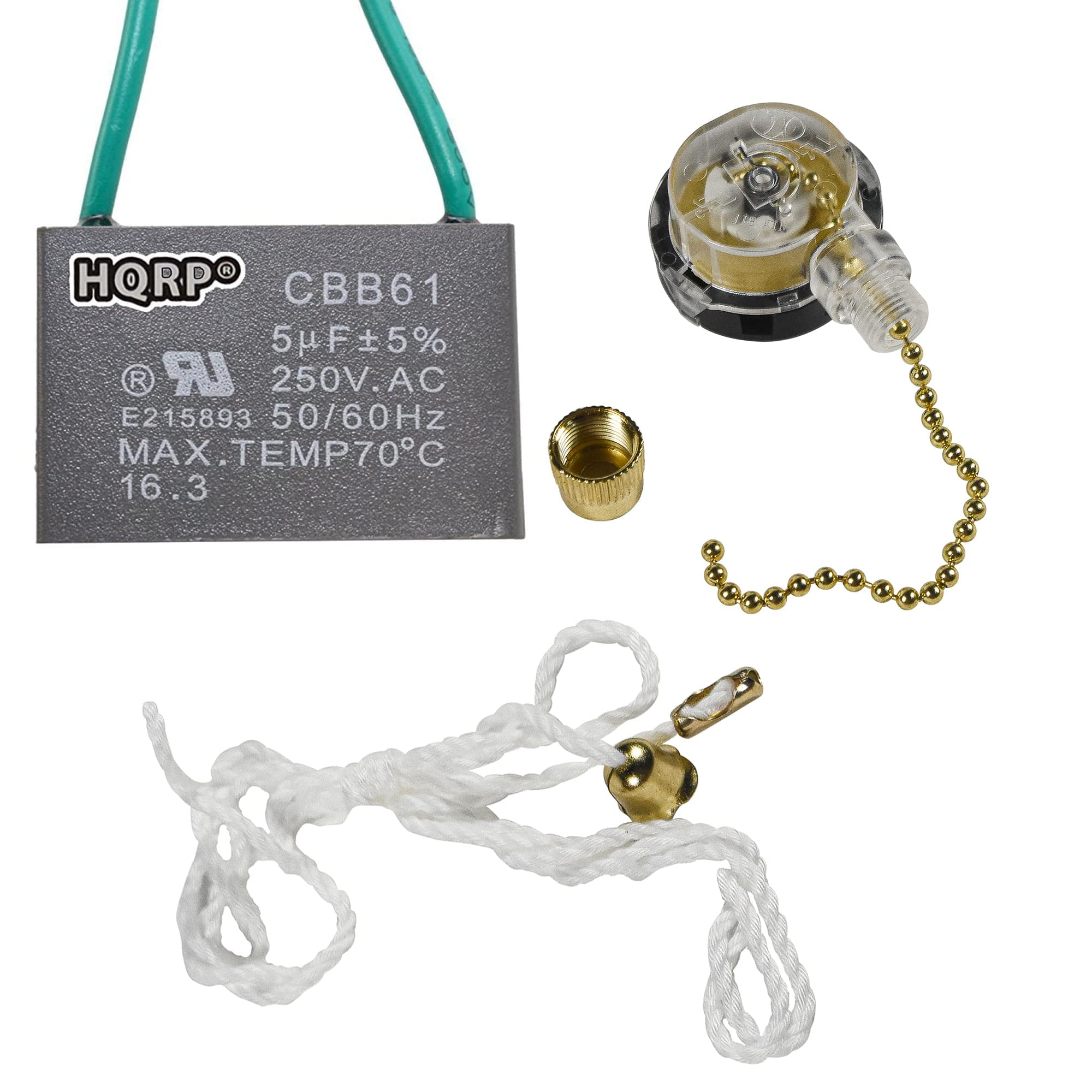 HQRP Kit Ceiling Fan Capacitor CBB61 5uf 2-Wire and 3-Speed Fan Switch ...