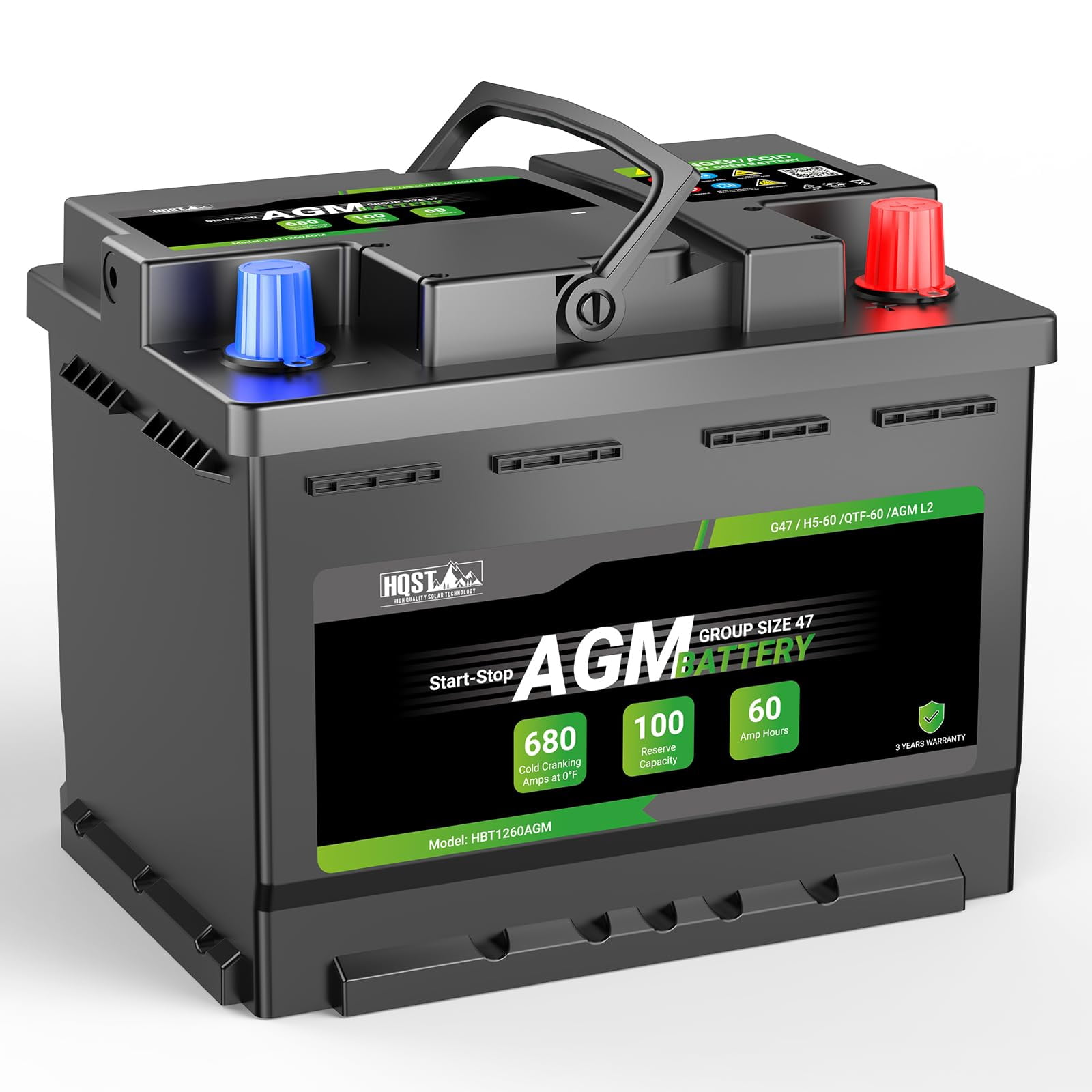 HQST H5 Group 47 AGM Automotive Battery, 12V 60Ah 680 CCA 100RC, Start ...
