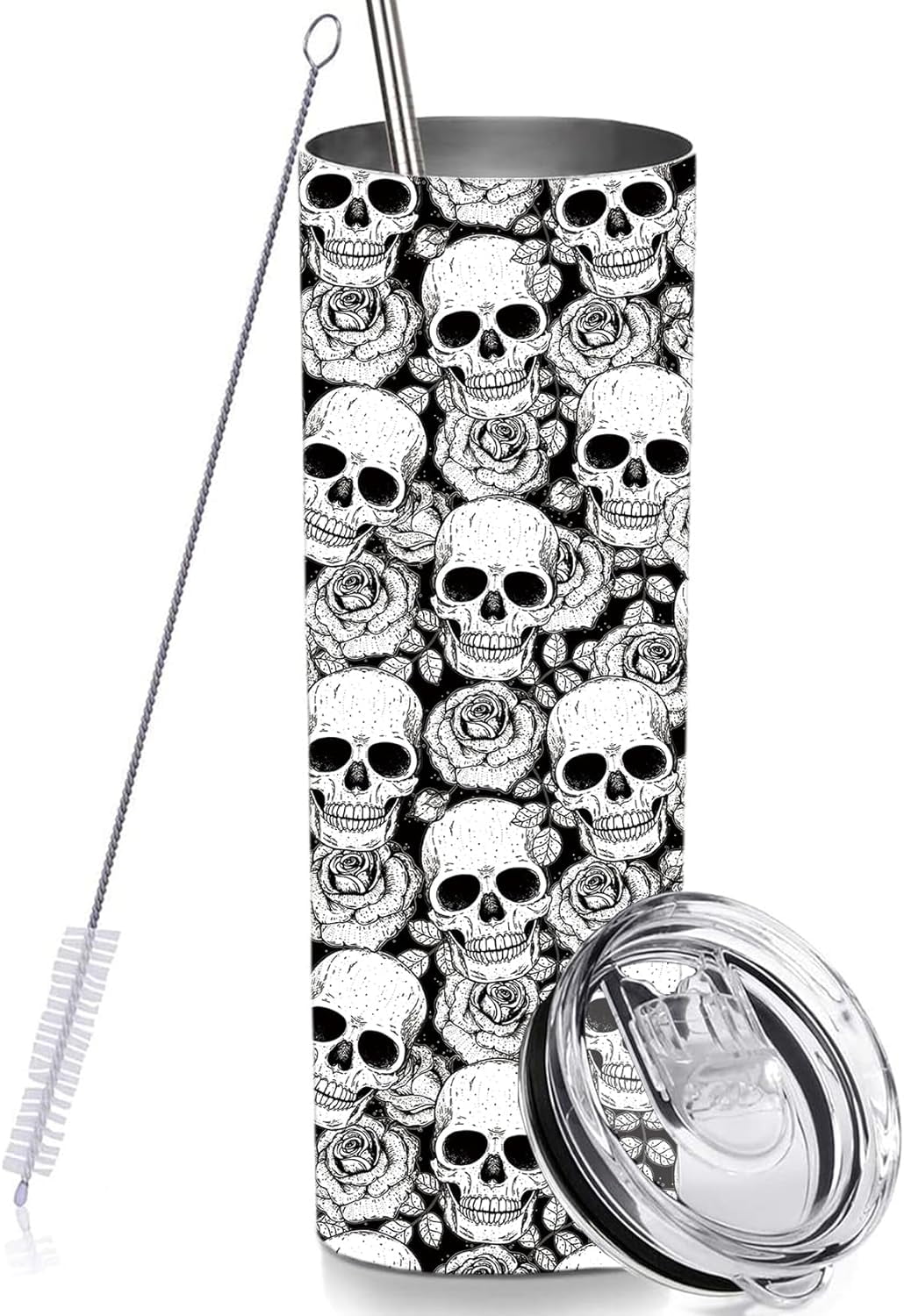 HQWHBU Skull Skinny Tumbler With Lid and Straw, Halloween Stainless ...