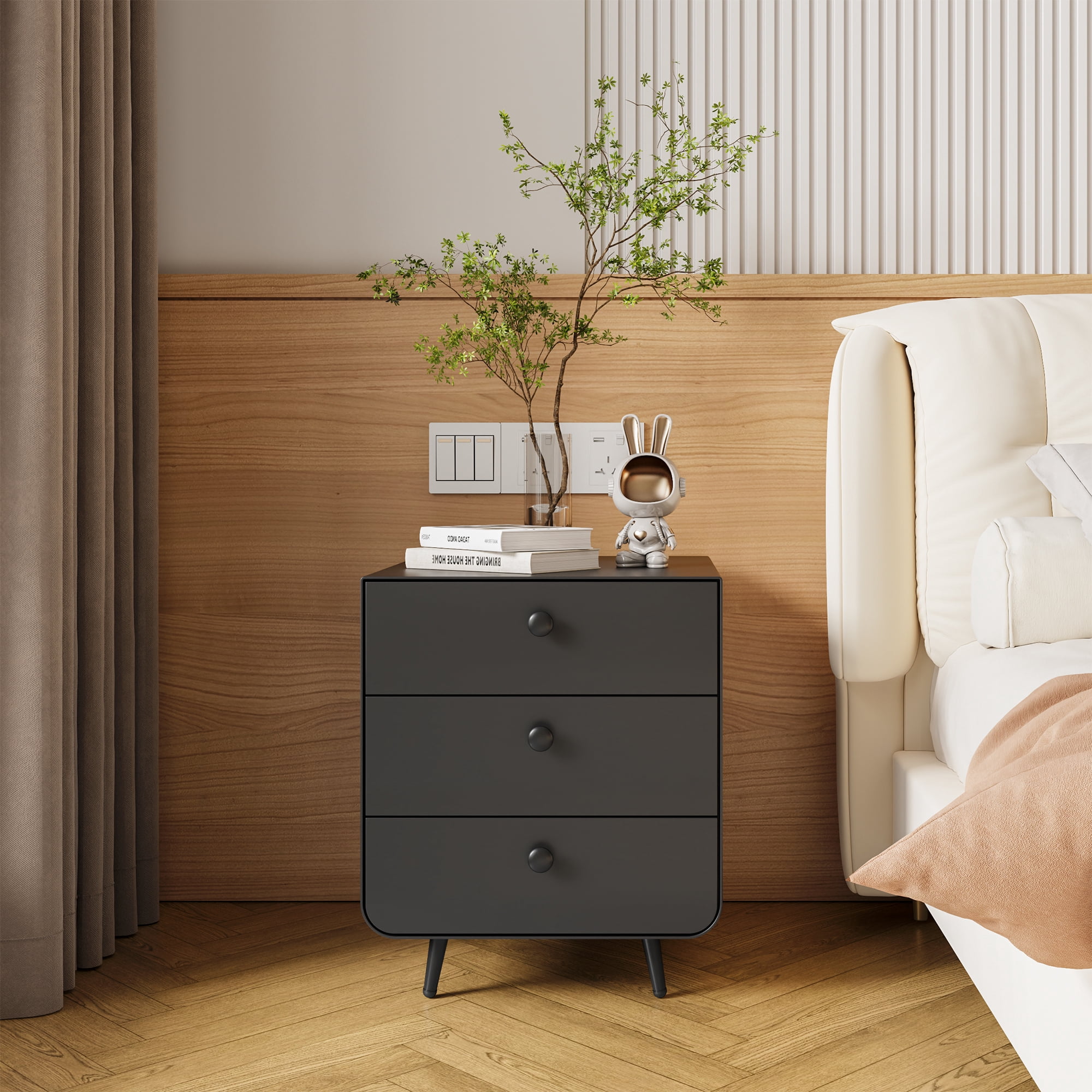 HQZX Bedroom Night Stand Storage Cabinet,Black Steel Cabinet with 3 ...