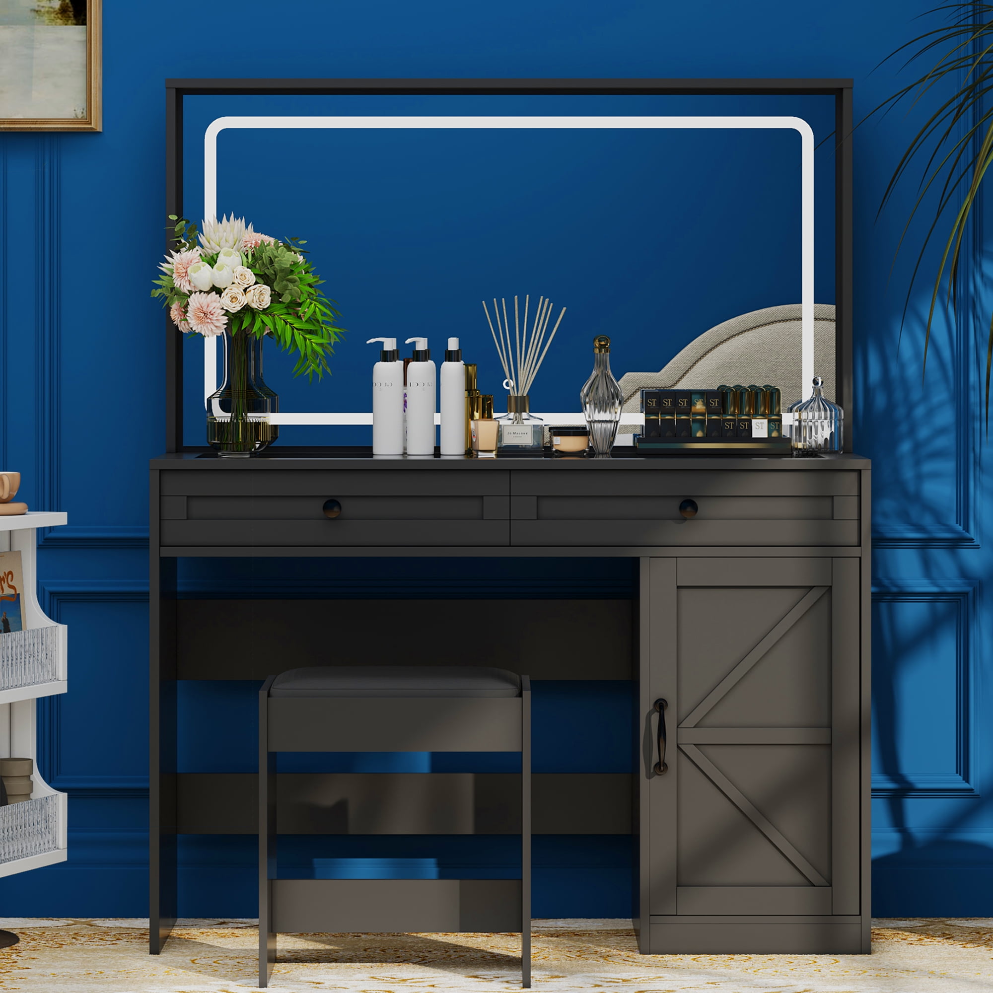 HQZX Modern Makeup Dressing Table with 2 Drawers,1 Storage Cabinet ...