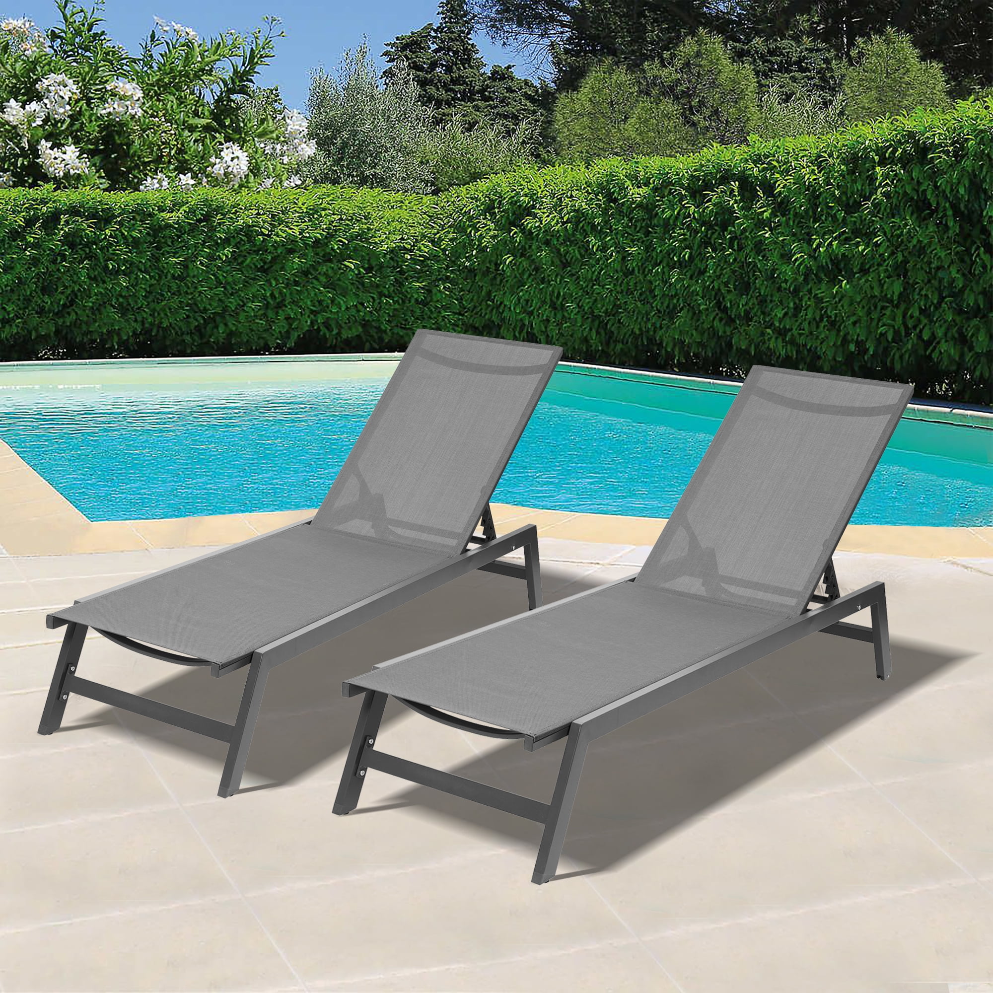 HQZX Outdoor Beach Pool Set of 2 Lounge Chairs,5-Position Adjustable ...