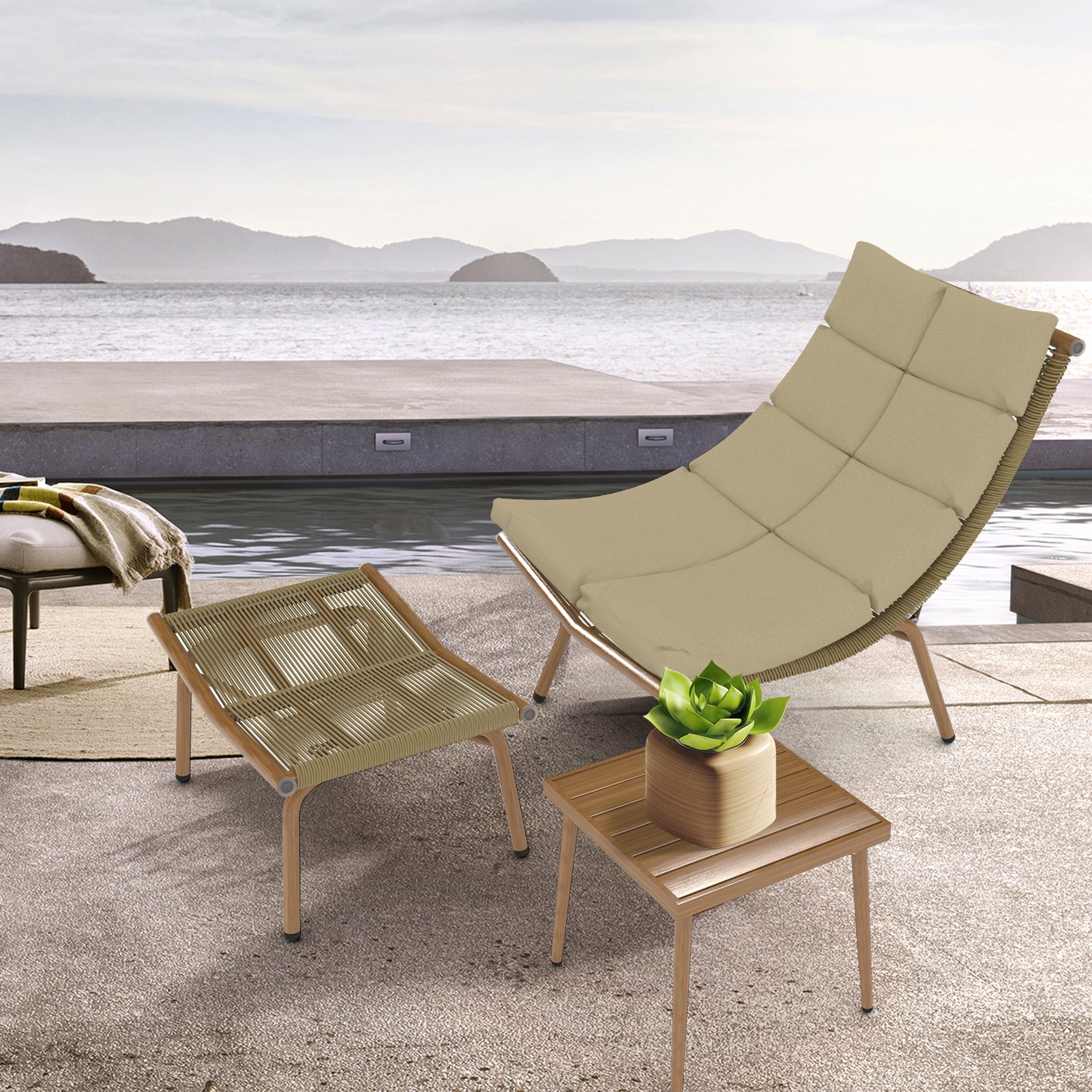 HQZX Outdoor Chaise Lounge Chair with Stool and Table - Set of 3 ...