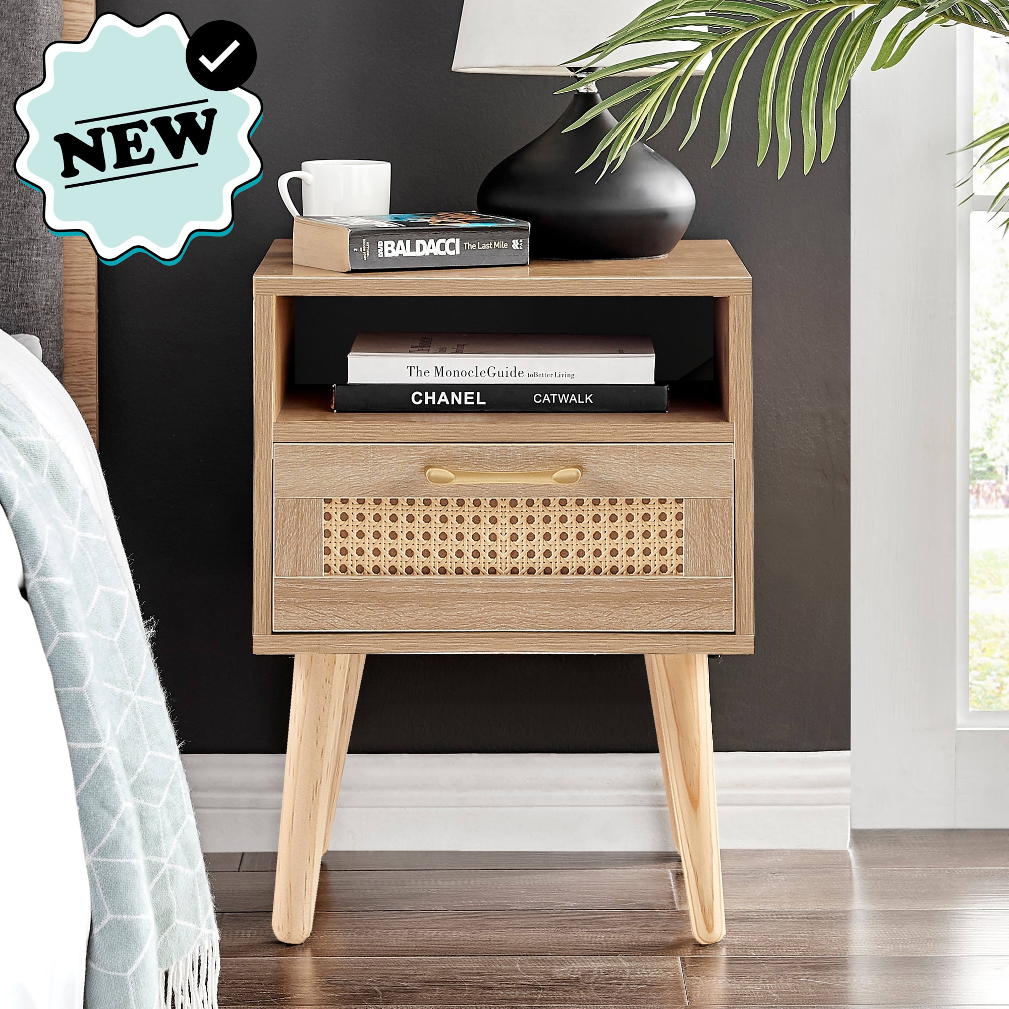 HQZX Rattan Nightstand with Power Outlet and USB Ports,1 Drawer Side ...