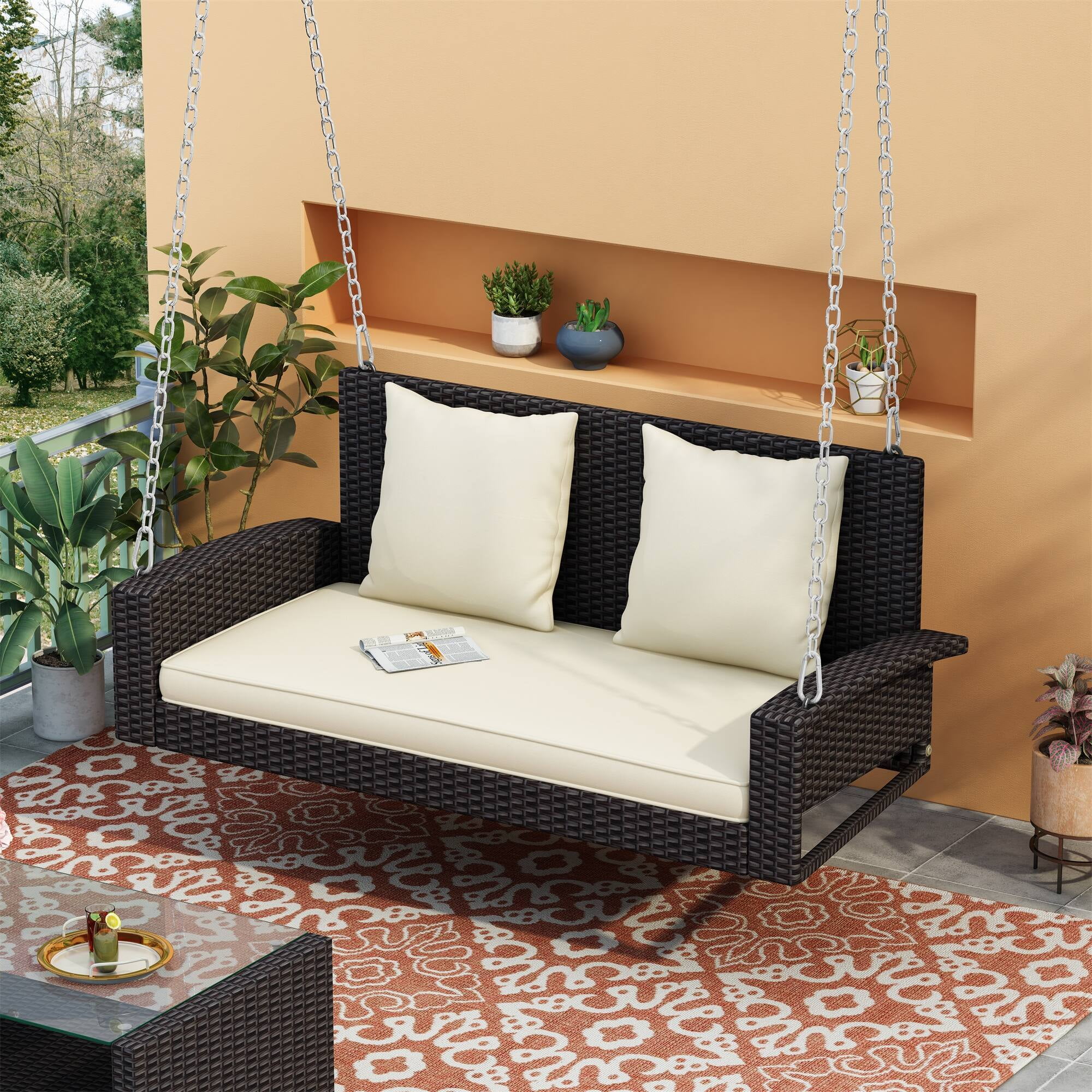 HQZX Wicker Hanging Porch Swing with Chains and Pillows,for Patios and ...