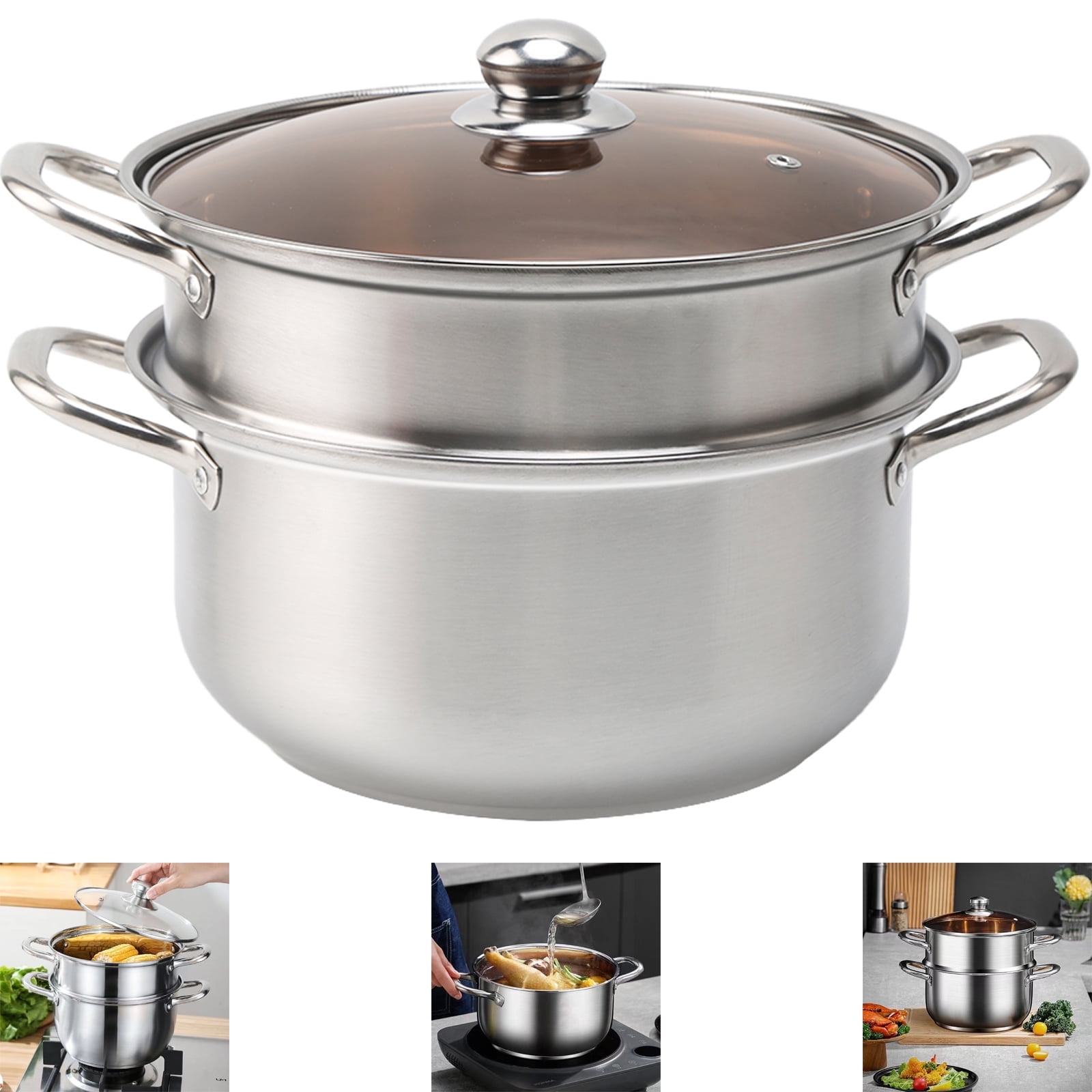HQinX 10 inch Steamer Pot,2-tier Multipurpose 304 Stainless Steel Steam ...
