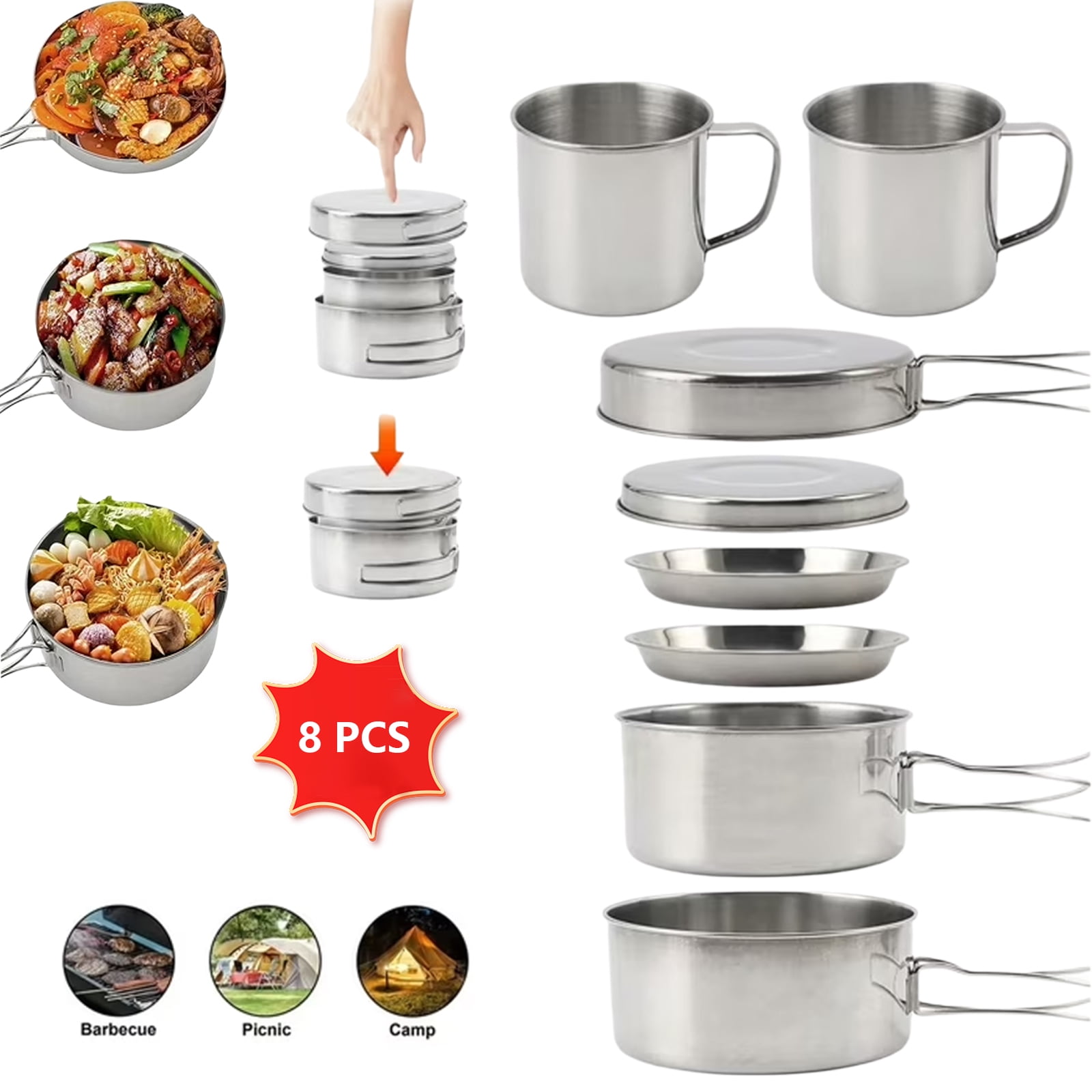 Portable 8pcs Stainless Steel Survival Outdoor Cookware Set for Camping ...