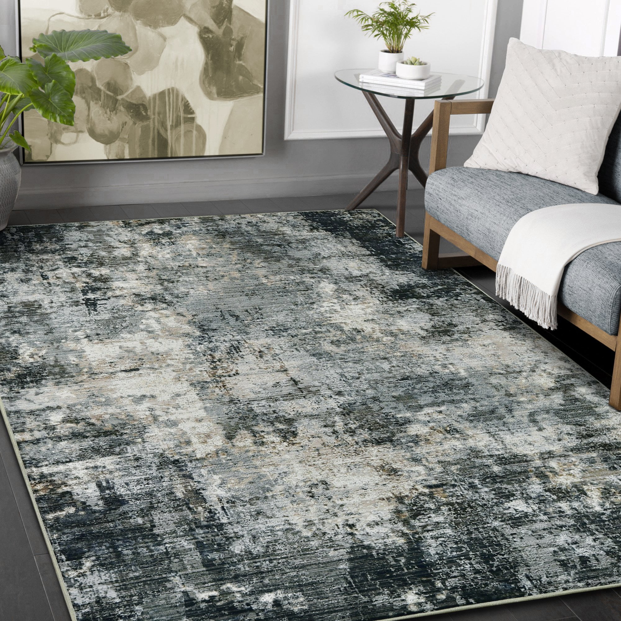 HR Abstract Area Rug - Non-Slip Rubber Backing, Polyester, Flat Texture ...