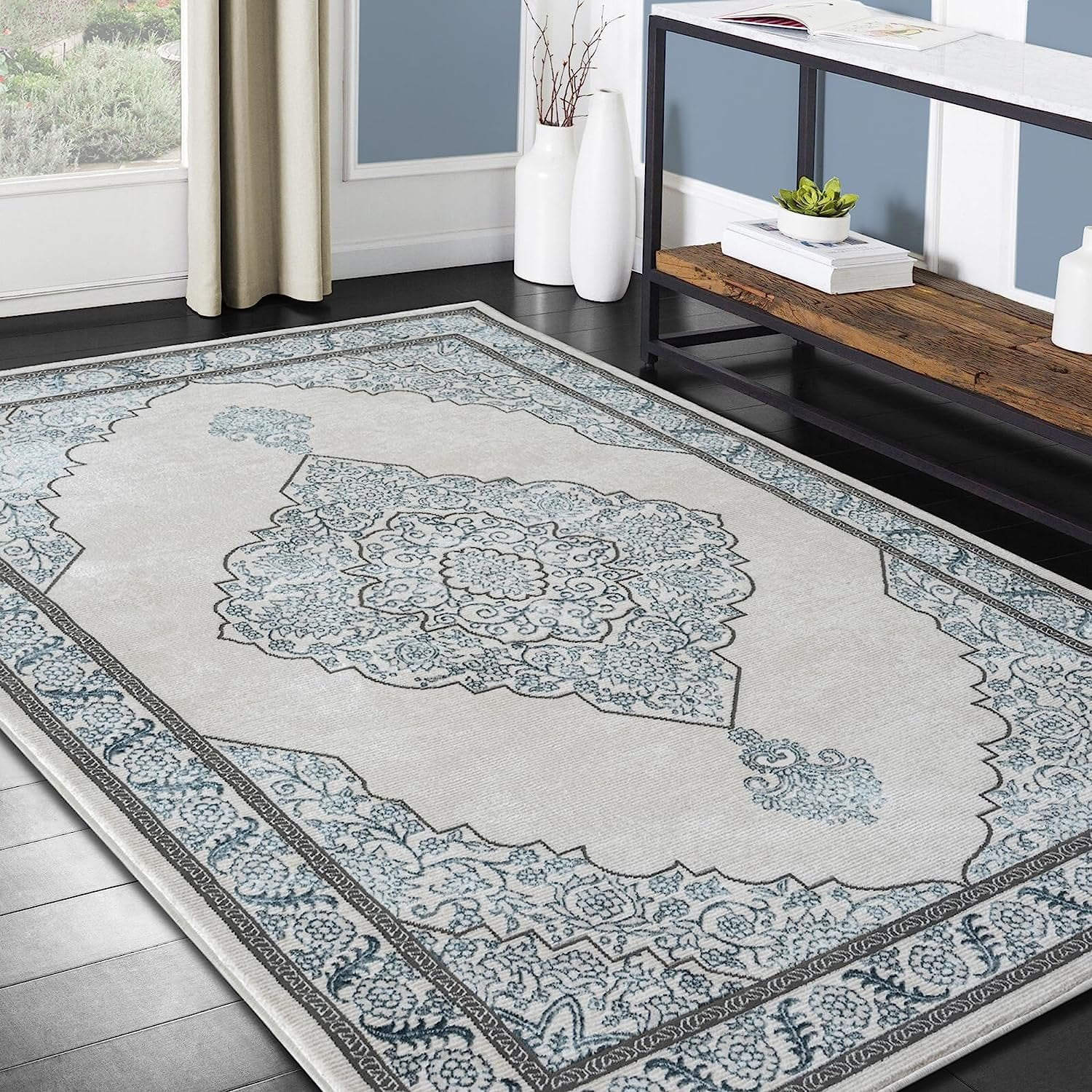 HR Blue Ivory Gray Multi Traditional Rug with Simple Faded Design ...
