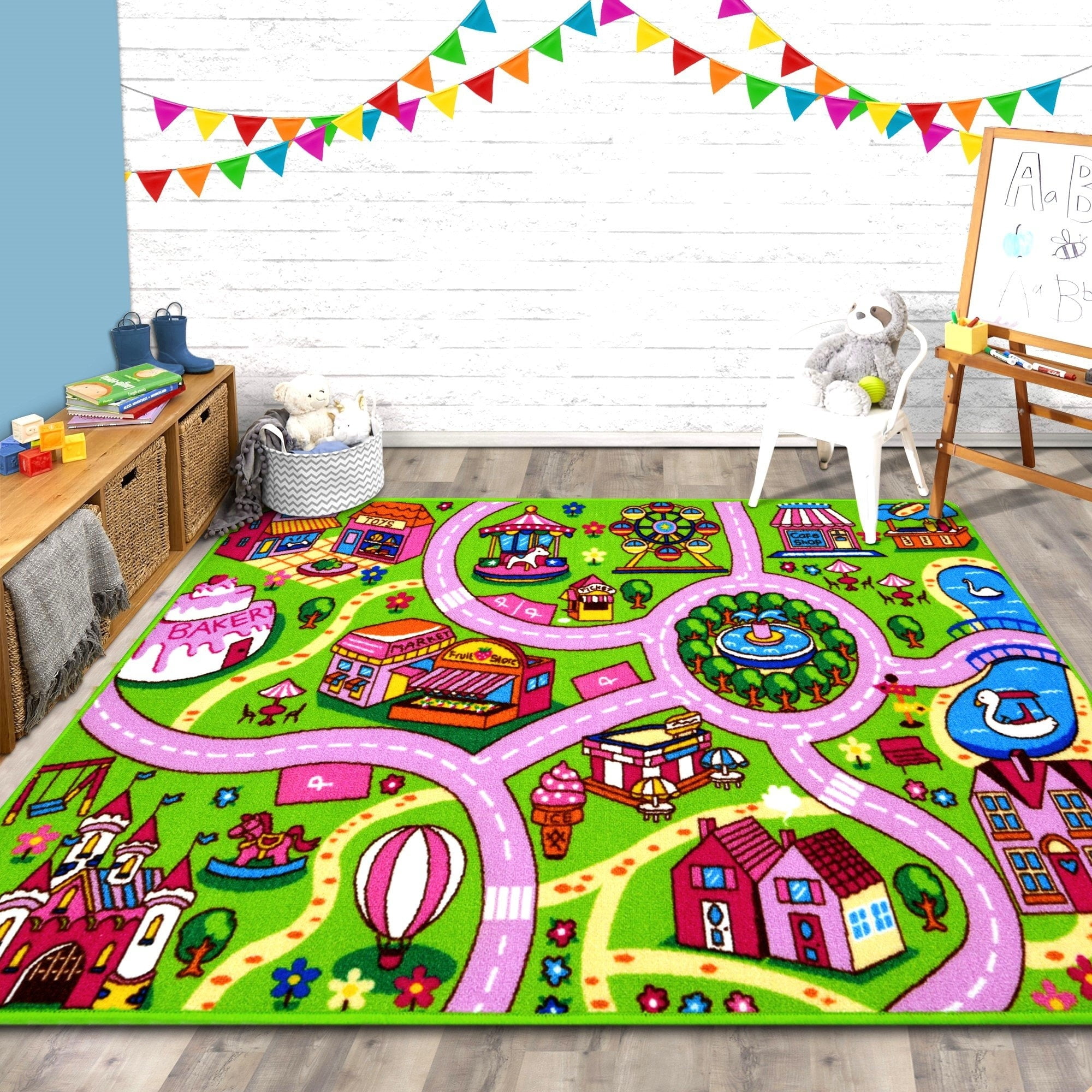 HR City Map Kids Car Road Rug - Non-Slip Play Mat for Classroom and Baby Room Pink, Green 8' x ...