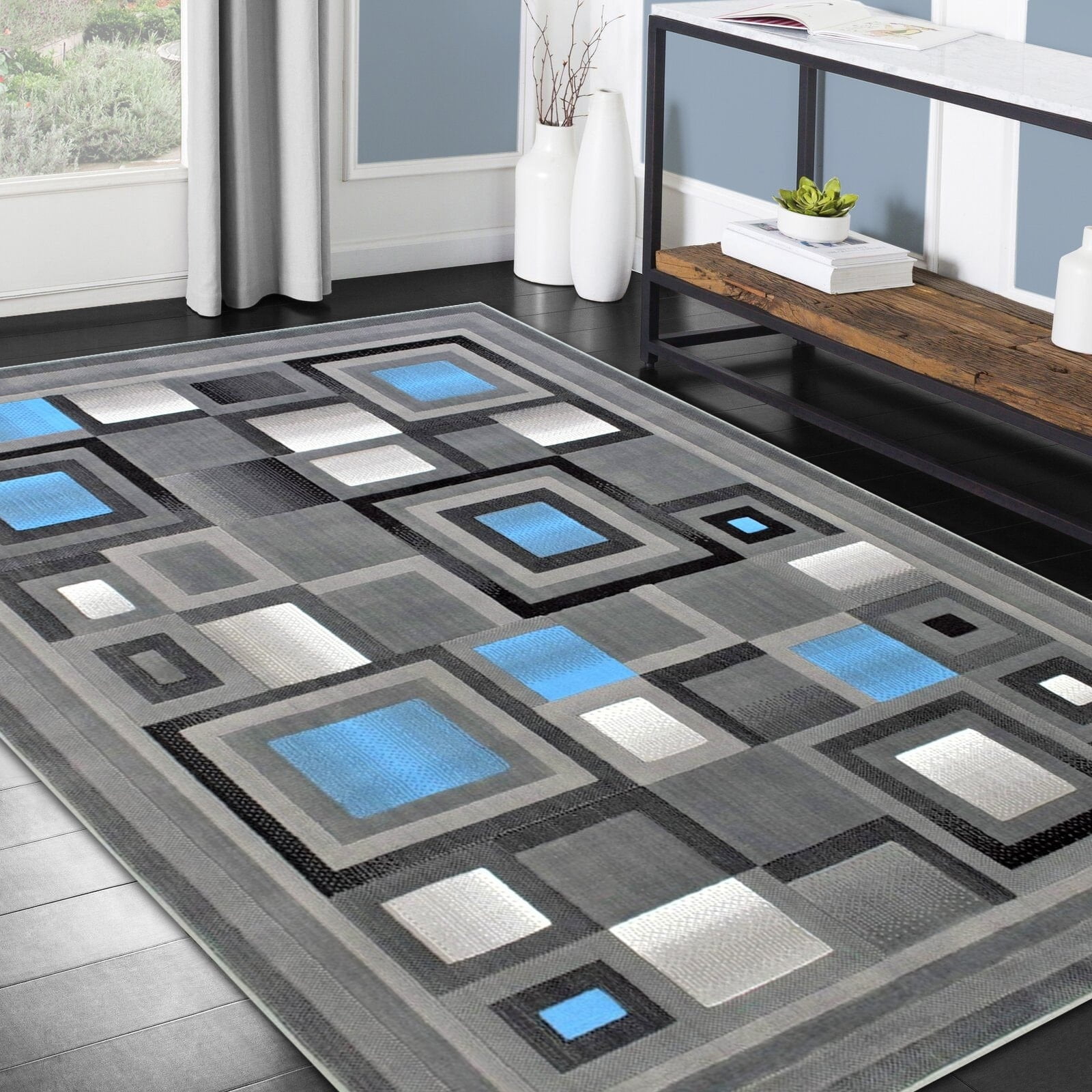 HR HANDCRAFT RUGS HR Blue, Gray and Multi Abstract Geometric Modern ...