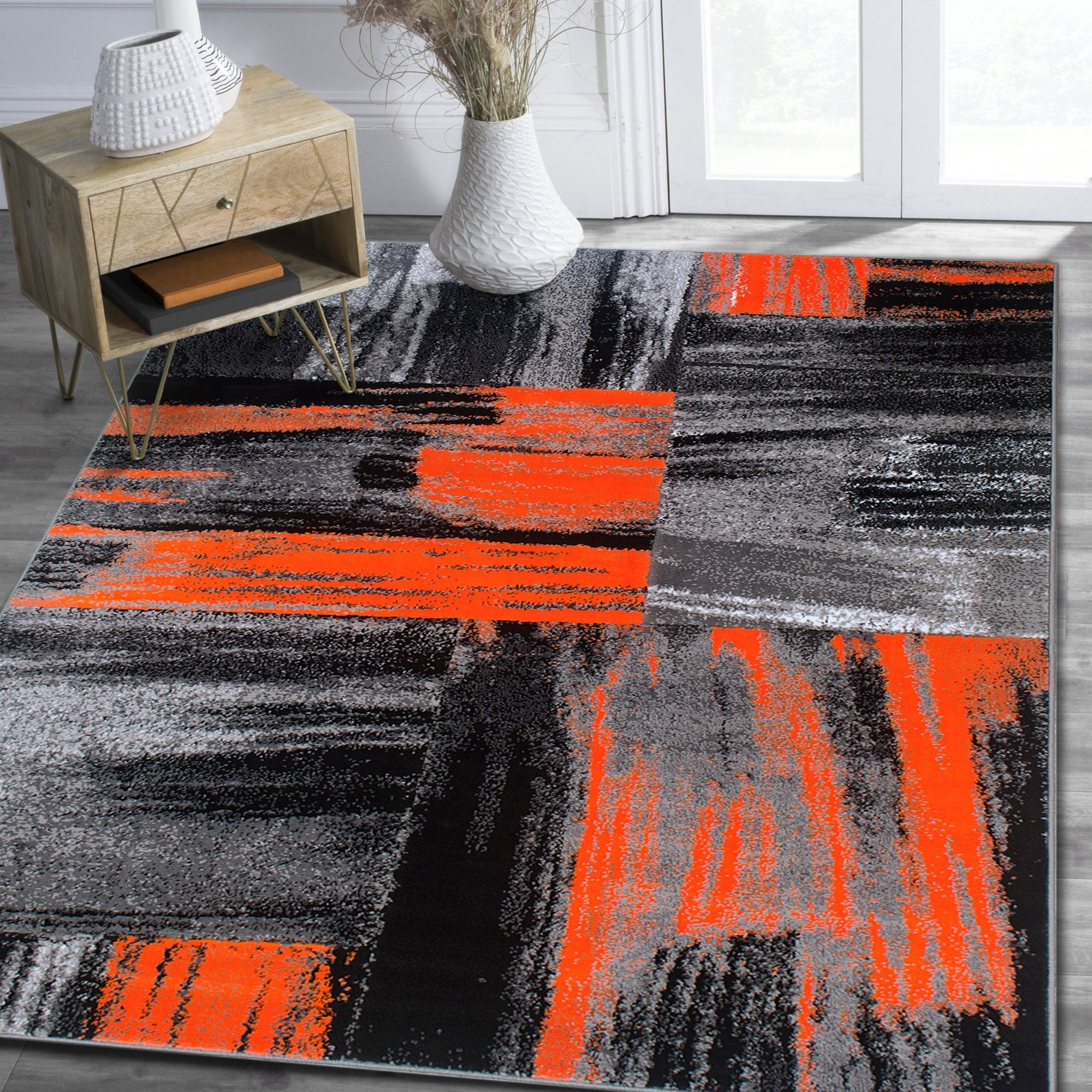 HR HANDCRAFT RUGS HR Electric Orange, Grey, Silver, Black, Abstract ...
