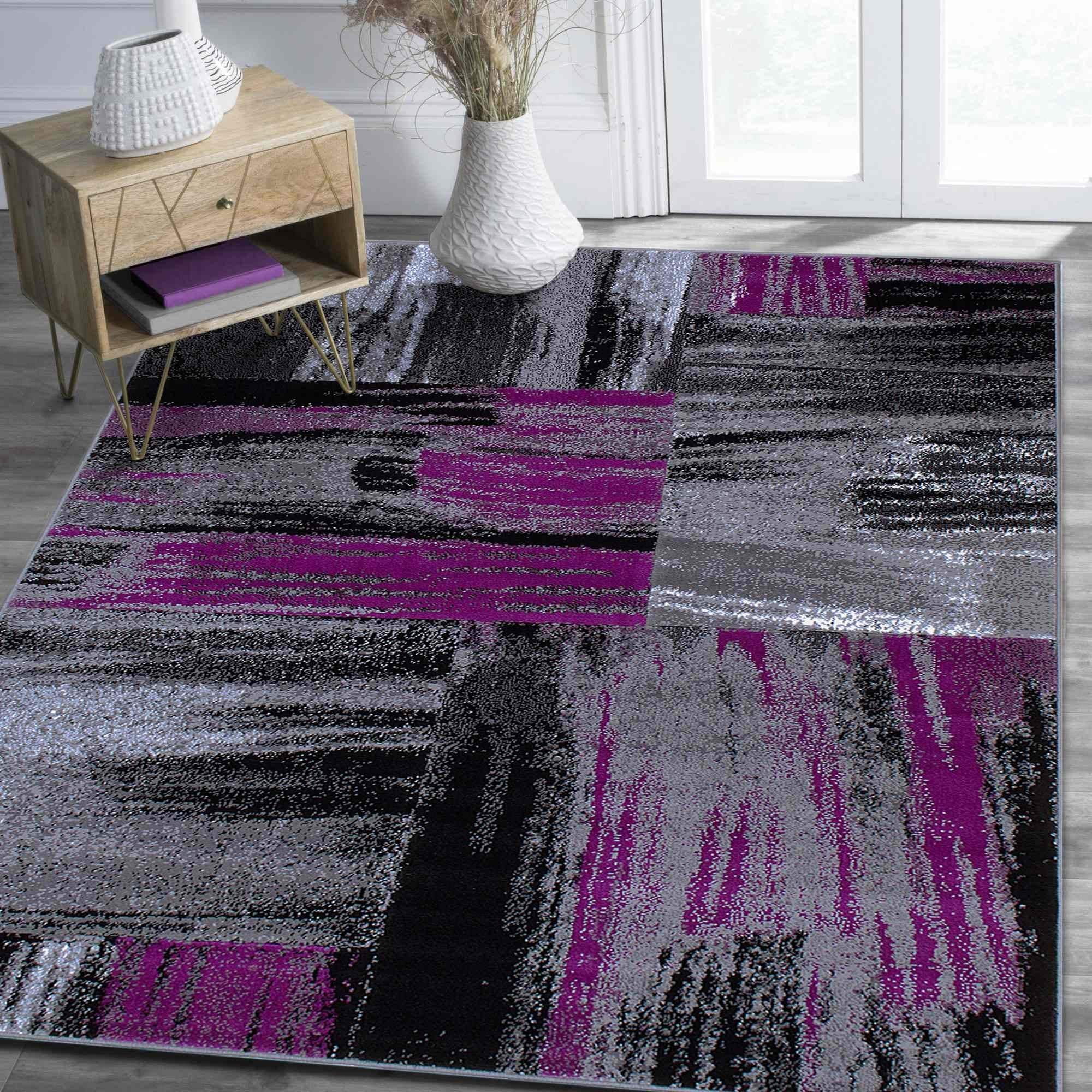 HR HANDCRAFT RUGS HR Purple Grey, Silver, Black, Abstract Contemporary ...