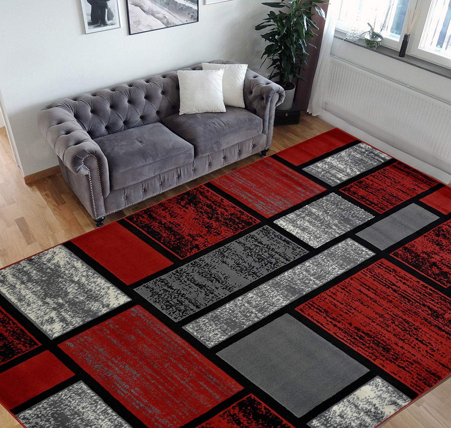 HR- Modern Lava Red & Gray Square Pattern Area Rug 8x10, Stain ...