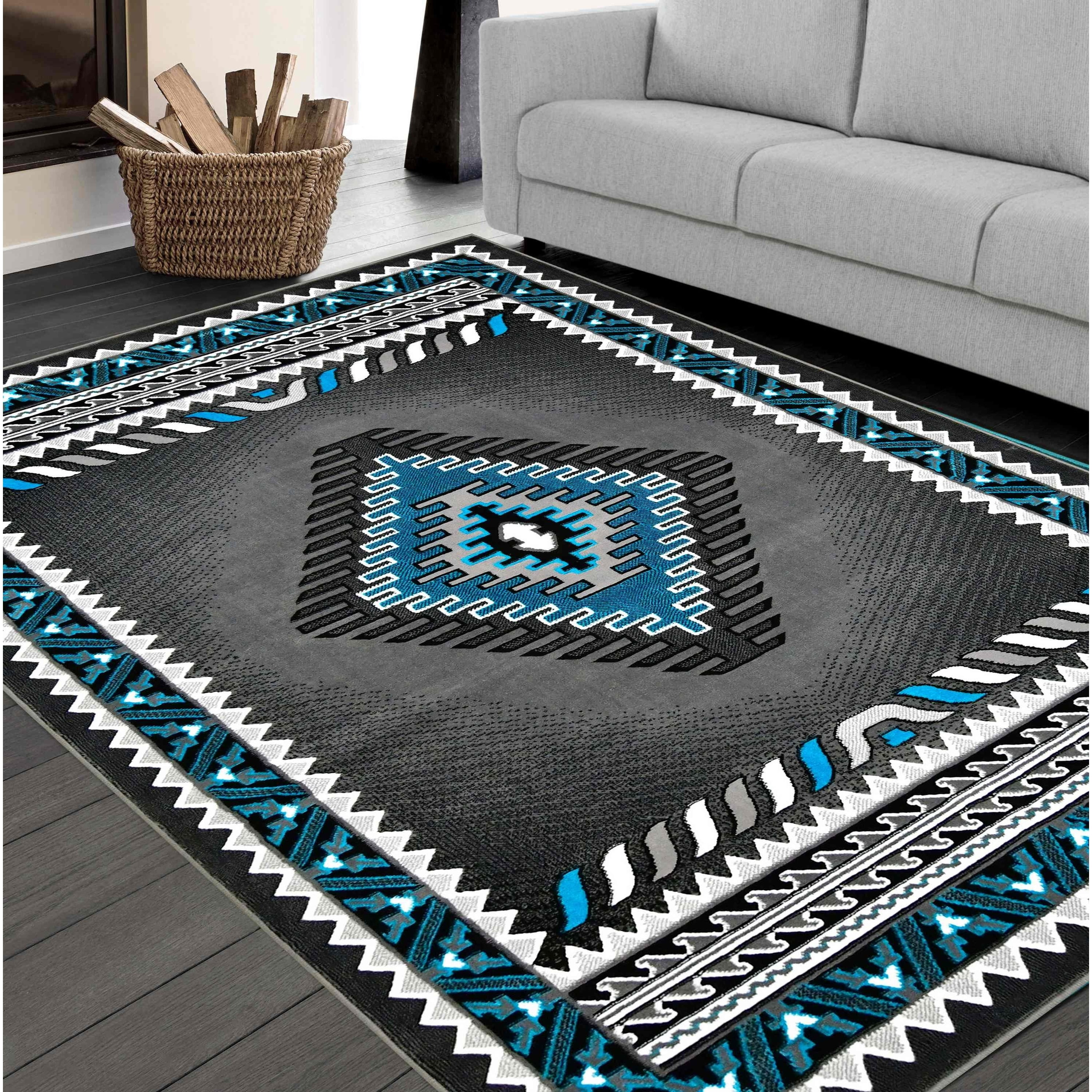 HR HANDCRAFT RUGS Modern Southwestern Living Room Area Rug, Turquoise ...