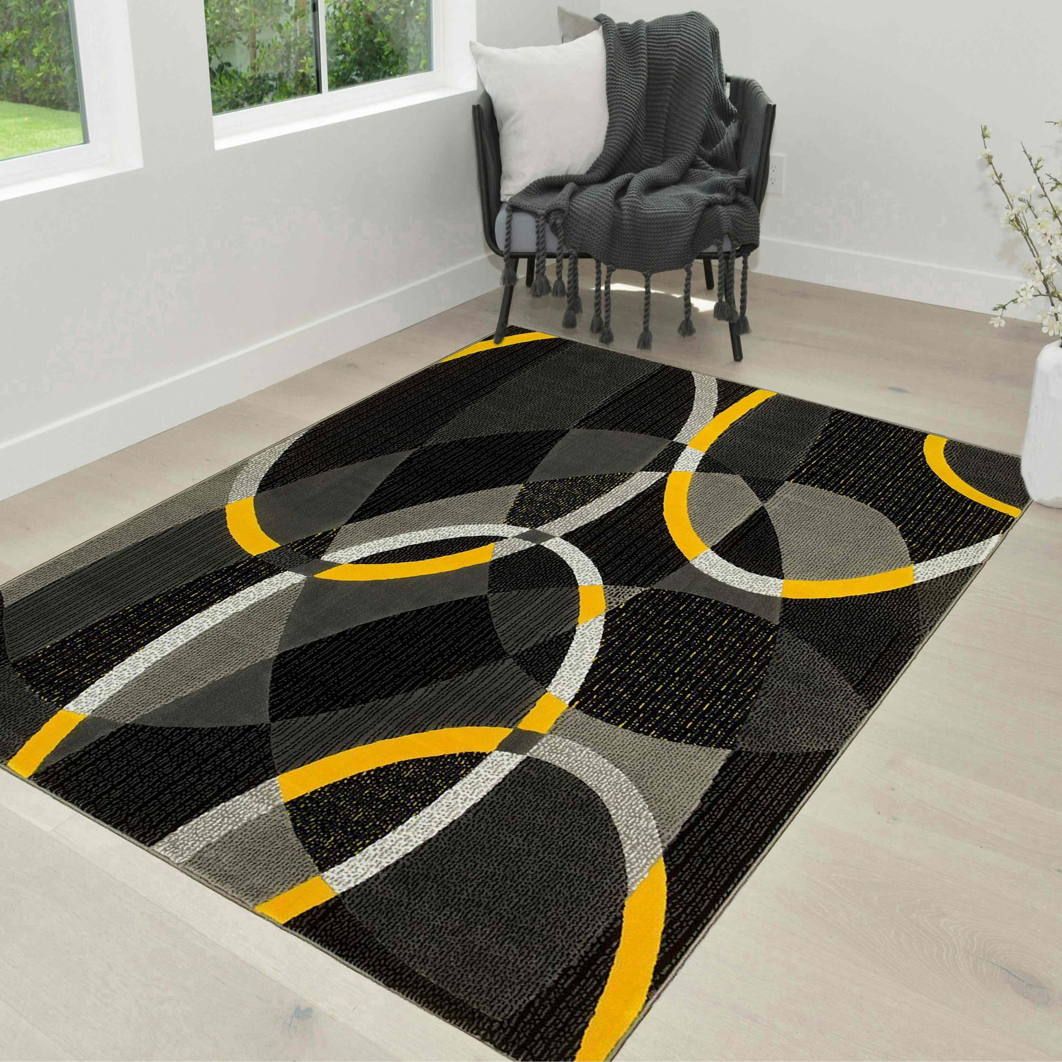 HR HANDCRAFT RUGS HR Yellow, Grey, Silver, Black, Abstract Contemporary ...