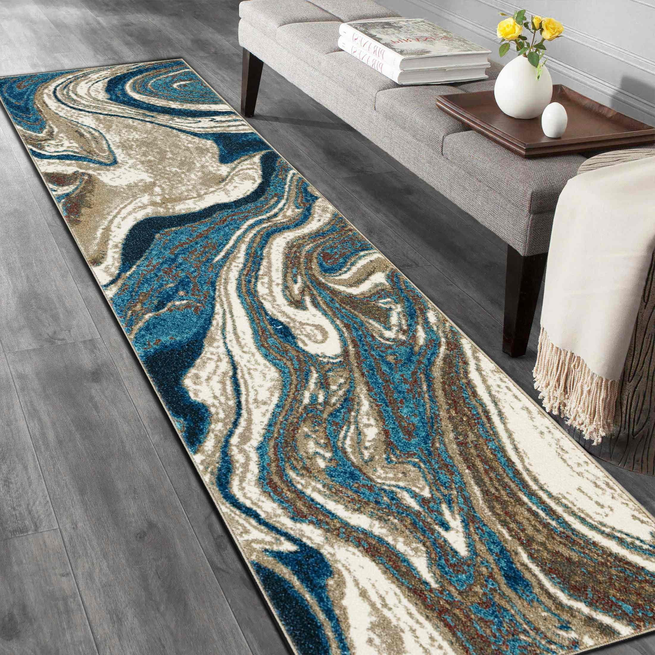 HR Marble Rugs Blue Gray Multi Color Abstract Livingroom & Dining Room ...
