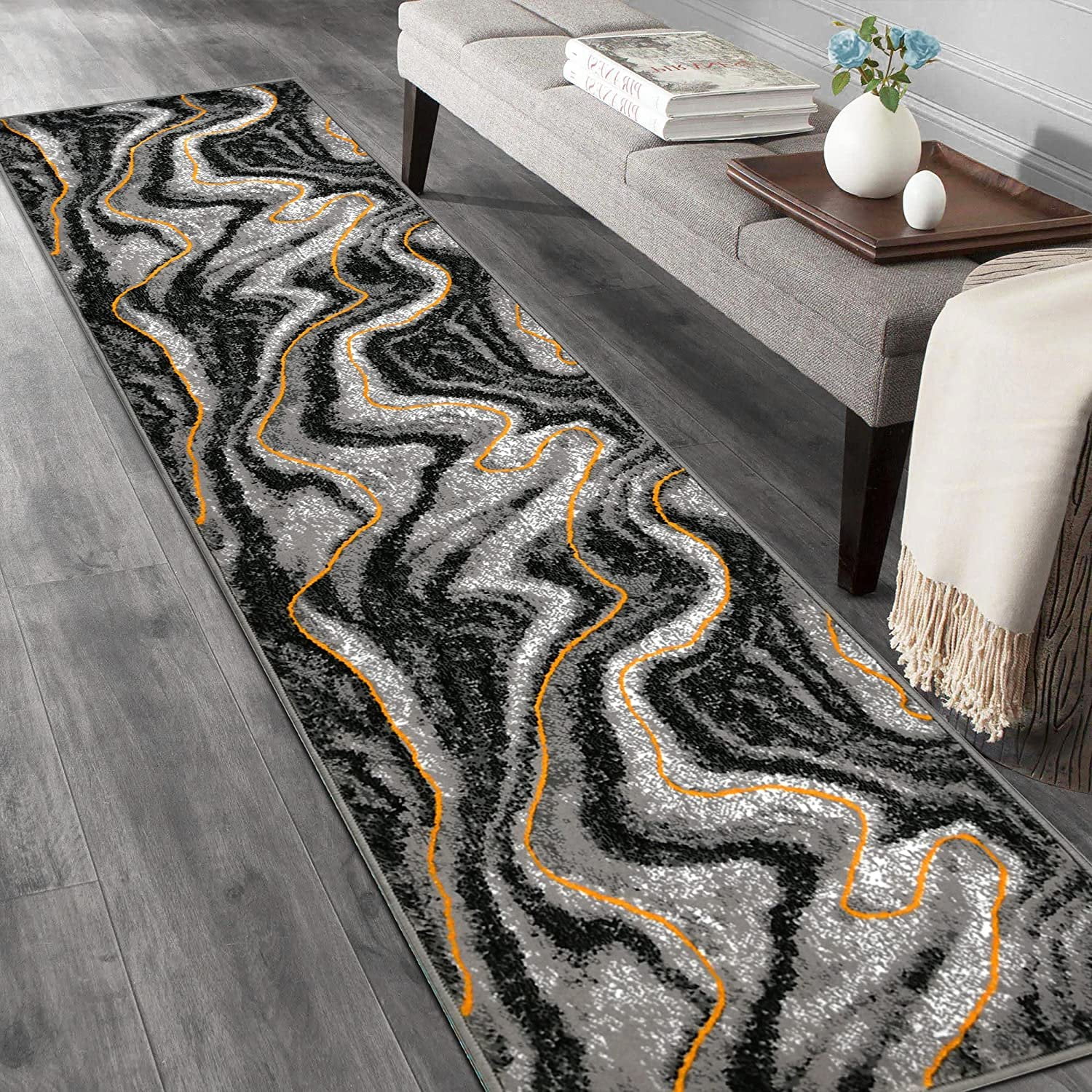 HR Orangish Yellow Grey Black Modern Contemporary Abstract Area Rugs ...