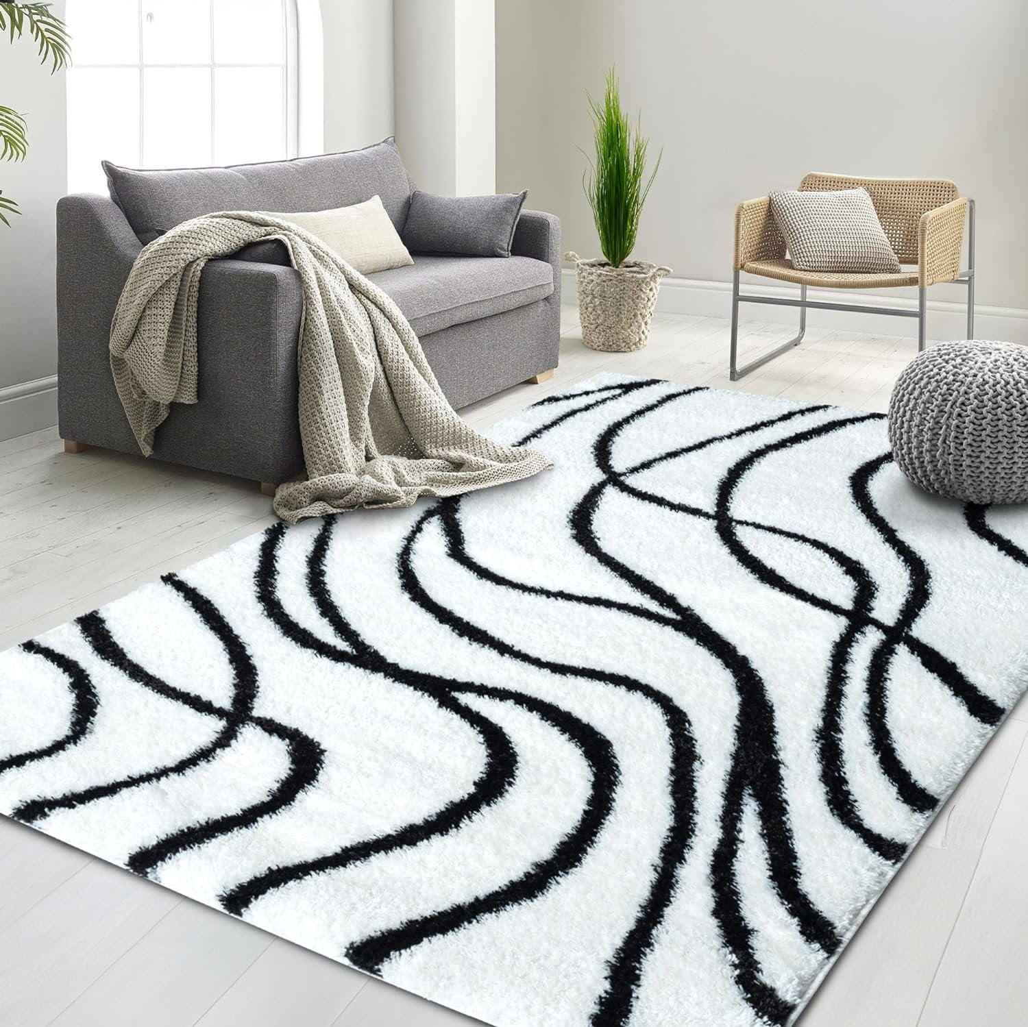 HR Plush Black & White Wave-Patterned Shag Rug, 1-Inch-Thick Soft High ...