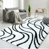 HR Plush Black & White Wave-Patterned Shag Rug, 1-Inch-Thick Soft High ...