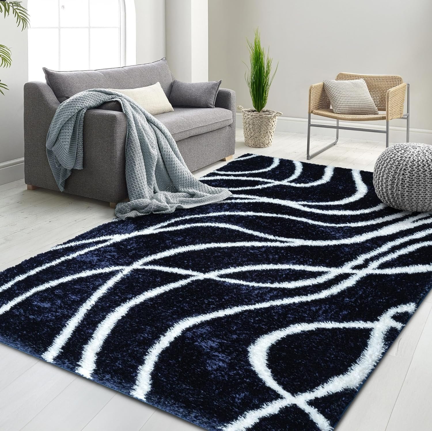 HR Plush Cobalt and White Wave-Patterned Shag Rug, 1-Inch-Thick Soft ...