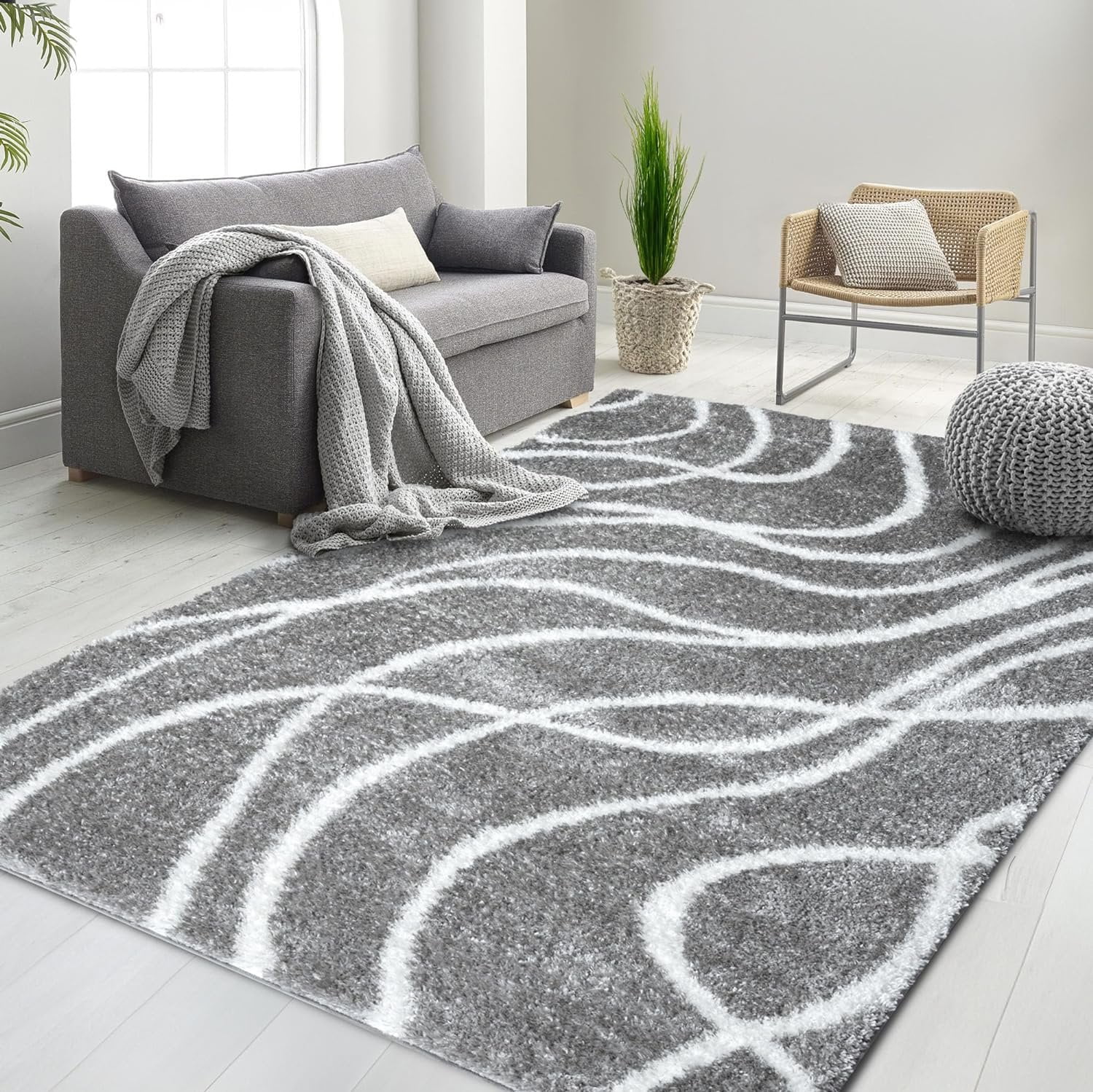 HR Plush Grey Carbon and White Wave-Patterned Shag Rug, 1-Inch Thick ...