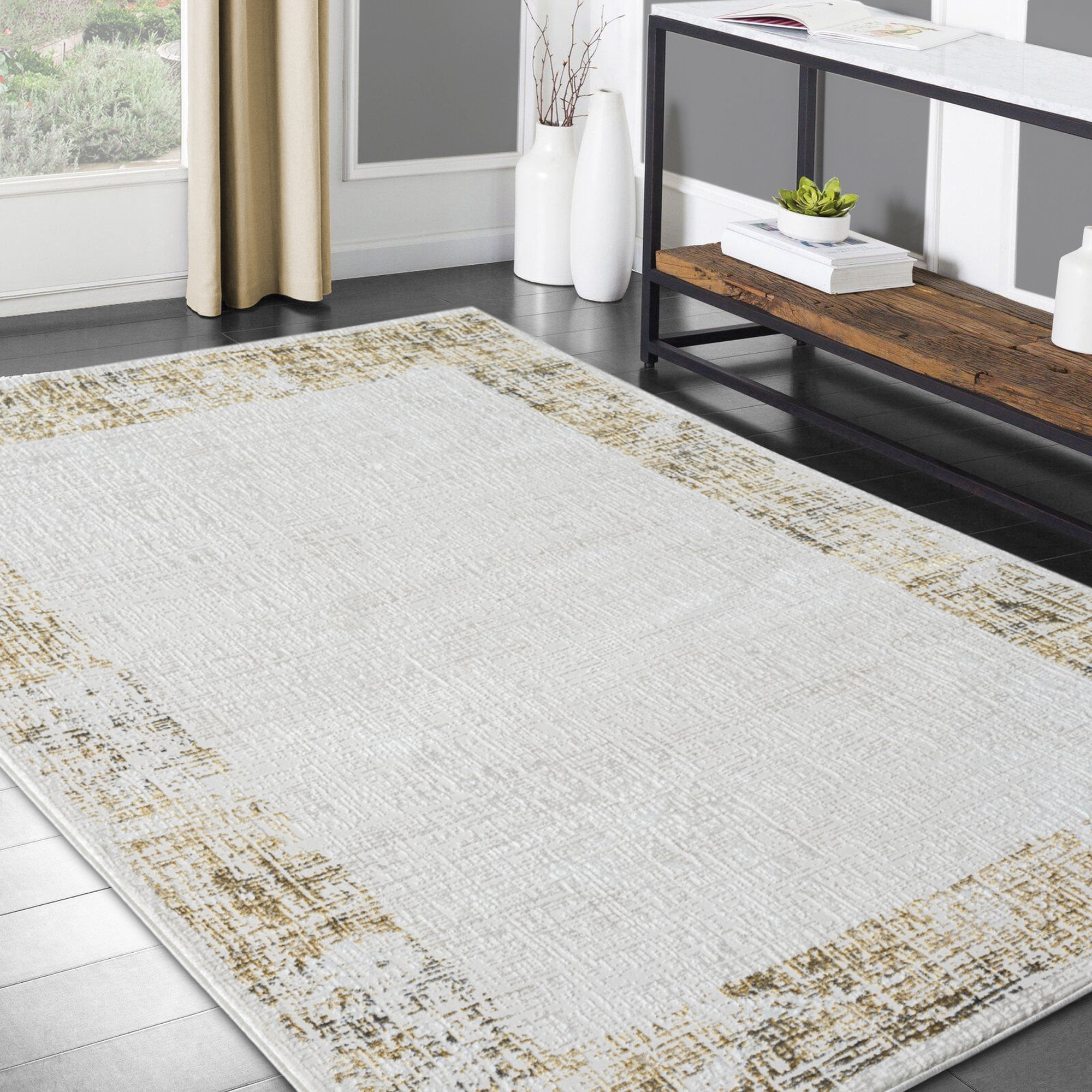 HR Super Soft Polyester Abstract Area Rug Bordered in Gold, Ivory ...