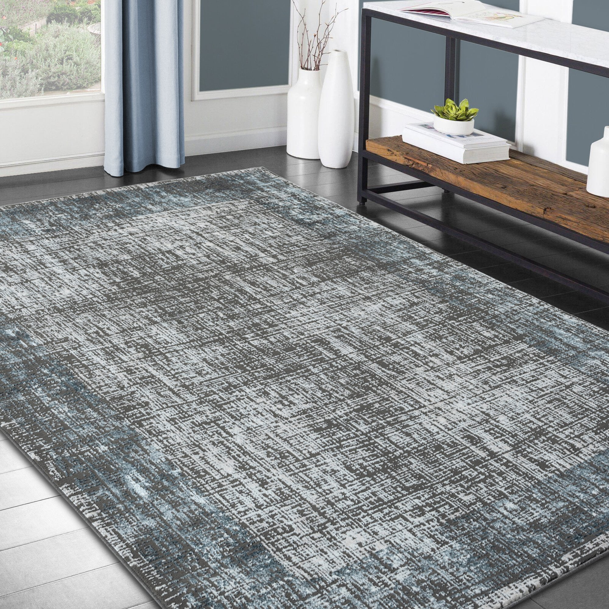 HR Super Soft Polyester Abstract Area Rug Bordered in Graphite, Ivory & Multi-Color - Elegant ...