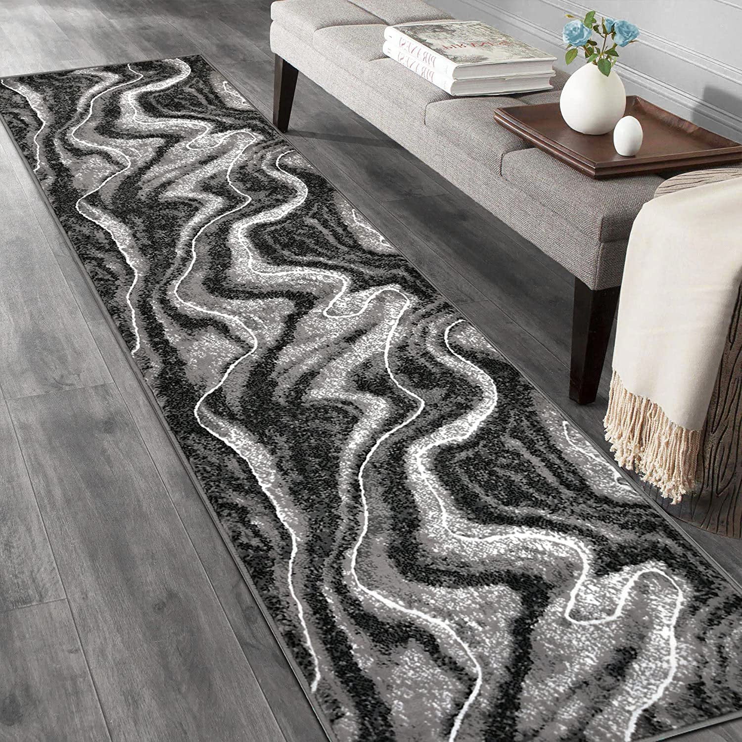 HR Living Room Modern Abstract Area Rug, White Grey Black Marble ...