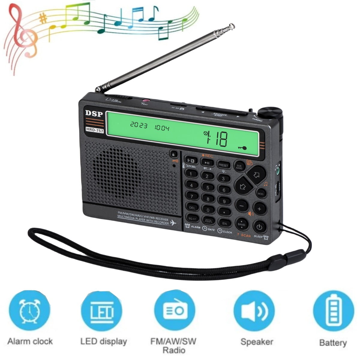HRD-757 Portable FM/MW/SW/WB Radio, APP Control Rechargeable Multi-band Handheld Bluetooth ...