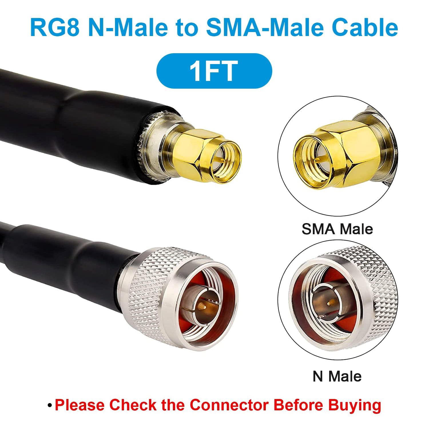 HRTGFD-2PCS N Male to SMA Male Coax Cable 1ft, 50 Ohm RG8 N Type to SMA ...