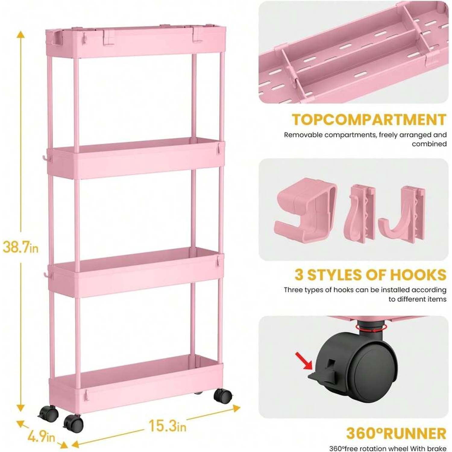 HRWGMUKVBG Pink 4-Tier Slim Rolling Storage Cart Storage Cart Organizer ...