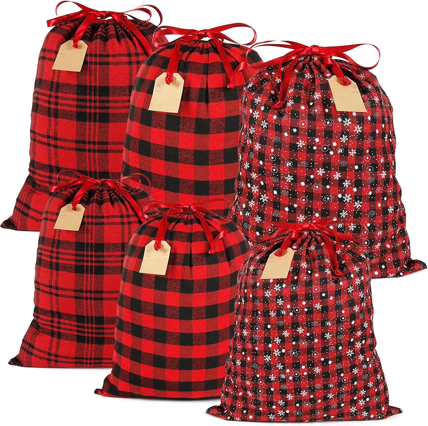 HRX Package Gift Bags, 6pcs Red & Black Plaid, Reusable Xmas Sacks for ...
