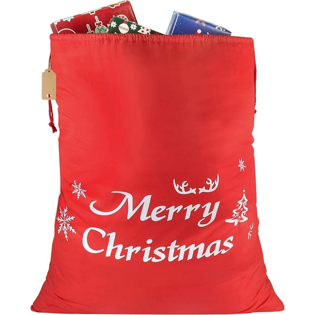 HRX Large Cotton Christmas Santa Sack, 32x28 inch Fabric Pull String ...