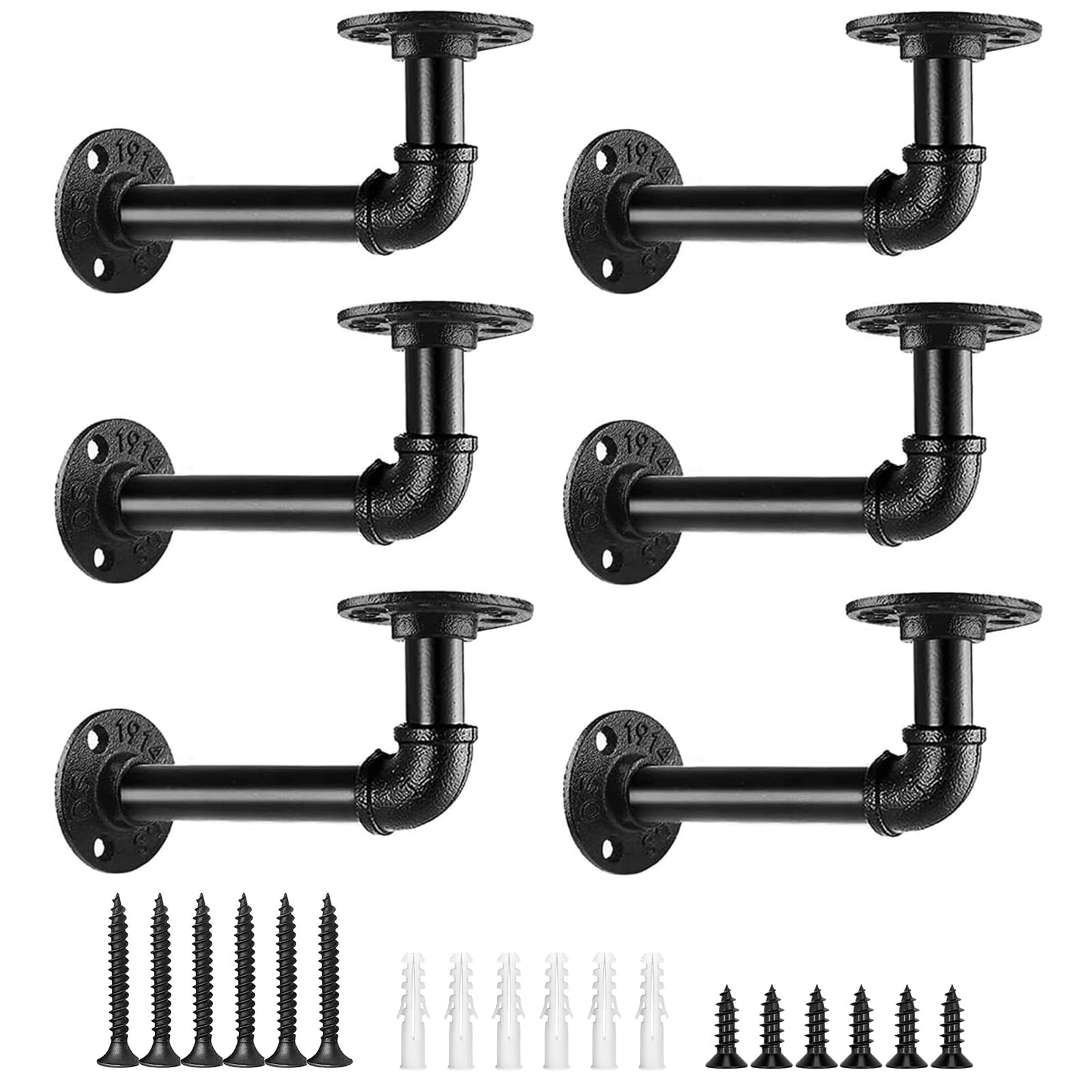 HRXMS Industrial Pipe Shelf Brackets, 6-Pack 8-Inch Black Iron L Pipe ...
