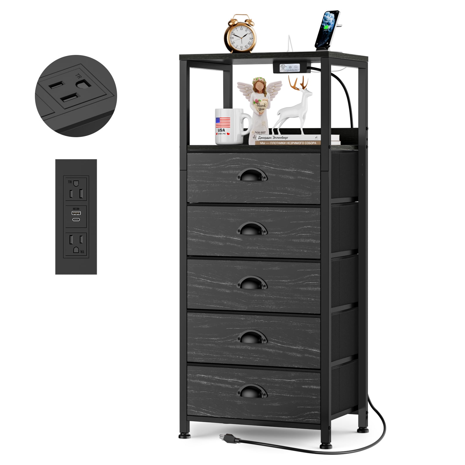 HRYGD 5 Drawers Dresser with Charging Station, Tall Night Stand with ...
