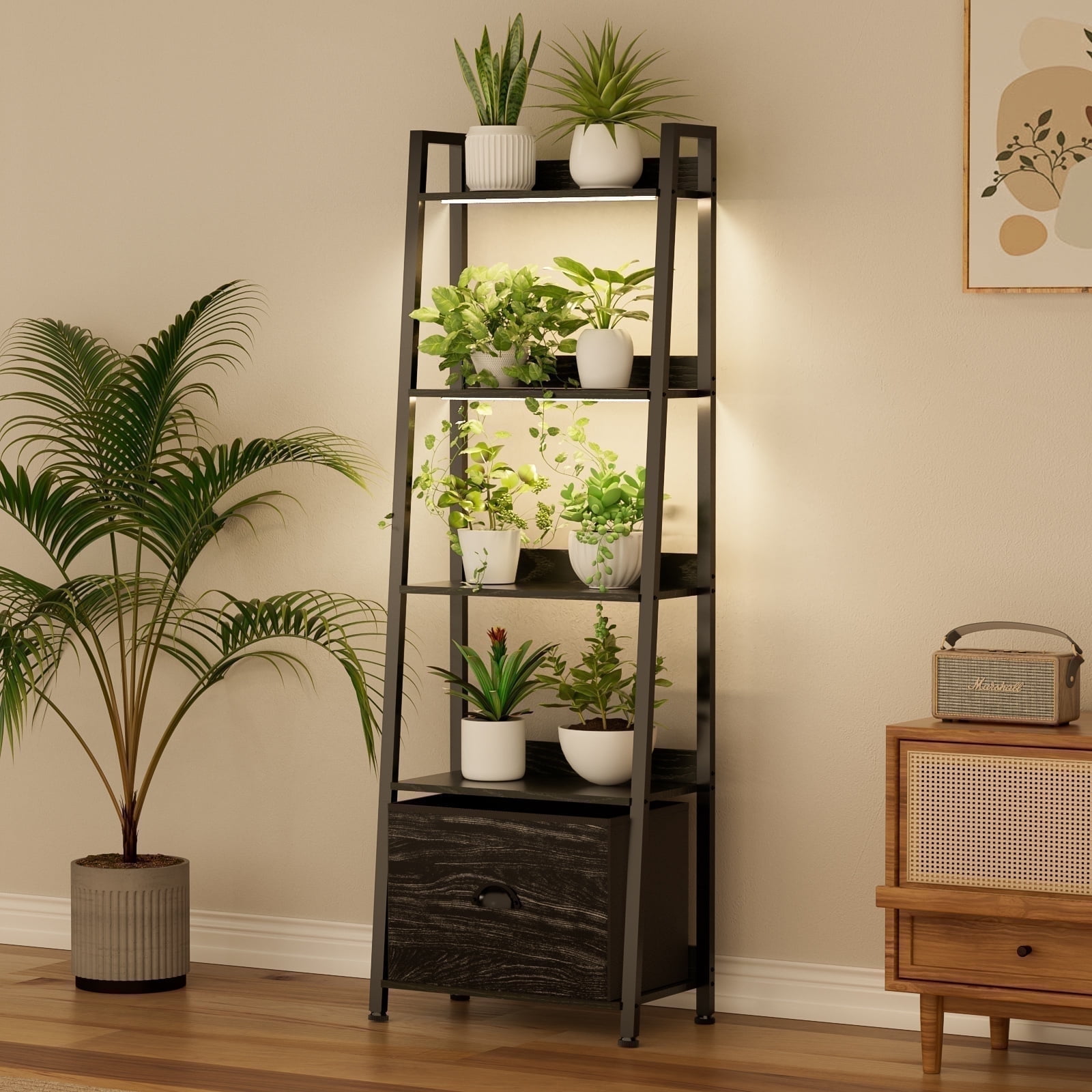 HRYGD Plant Stand Indoor with Grow Lights 5 Tier 63" Metal Wood Ladder ...