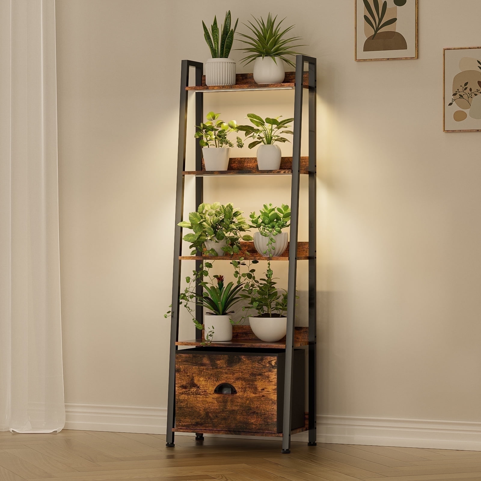 HRYGD Plant Stand Indoor with Grow Lights 5 Tier 63" Metal Wood Ladder ...