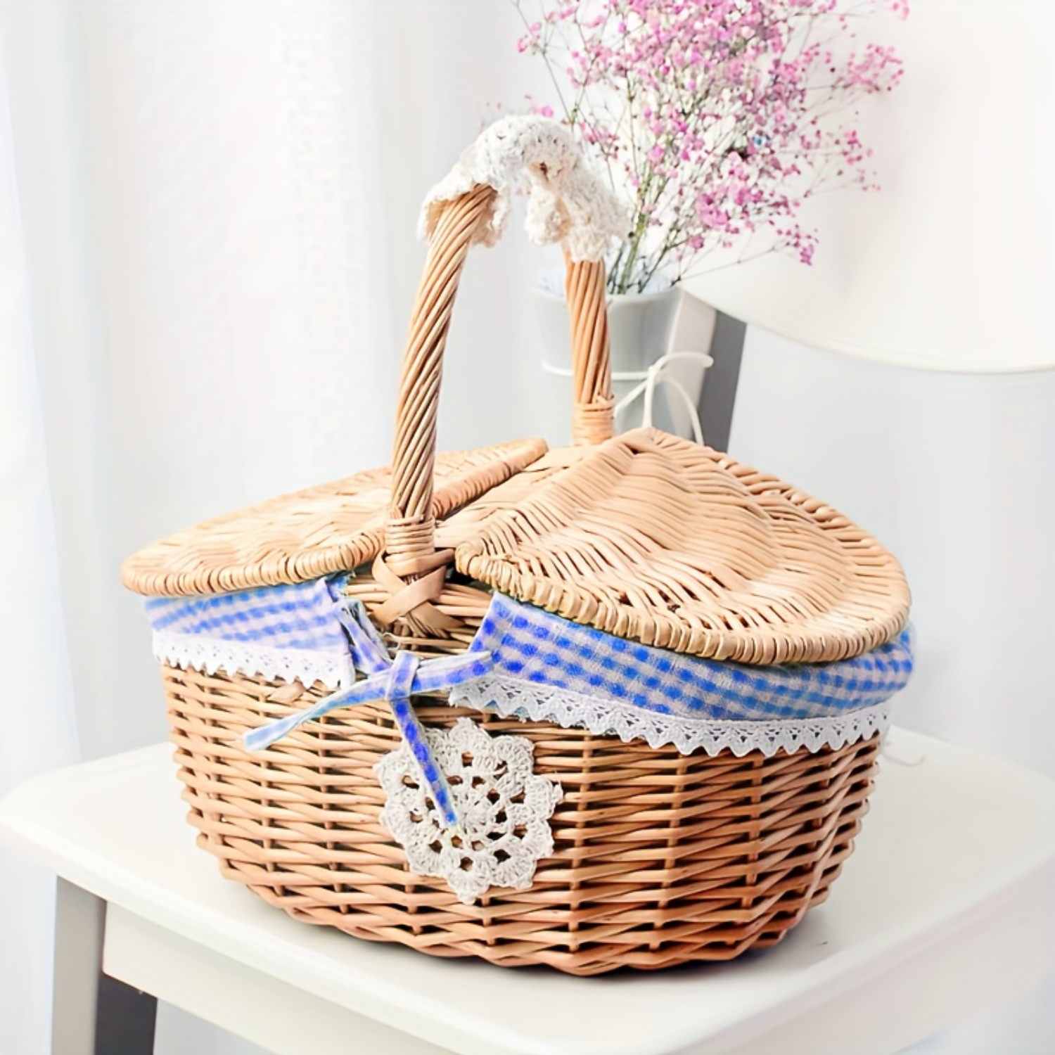 HS 1pc Rustic Rattan Basket Woven Wicker Picnic Basket With Fabric ...