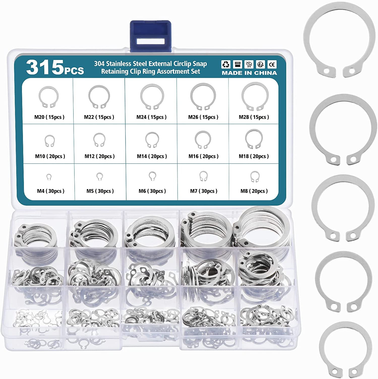 HSEAMALL 315PCS External Retaining Rings Snap Rings Assortment Kit, E ...