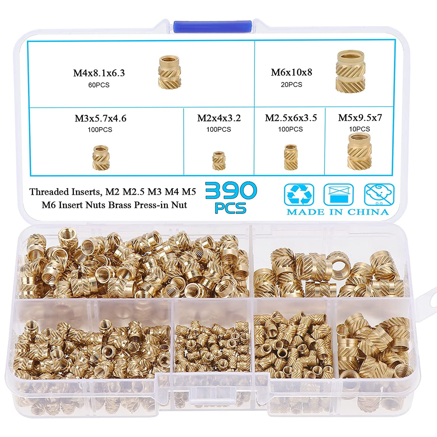 HSEAMALL 390PCS Threaded Insert Knurled Brass Nuts,M2 M2.5 M3 M4 M5 M6 ...