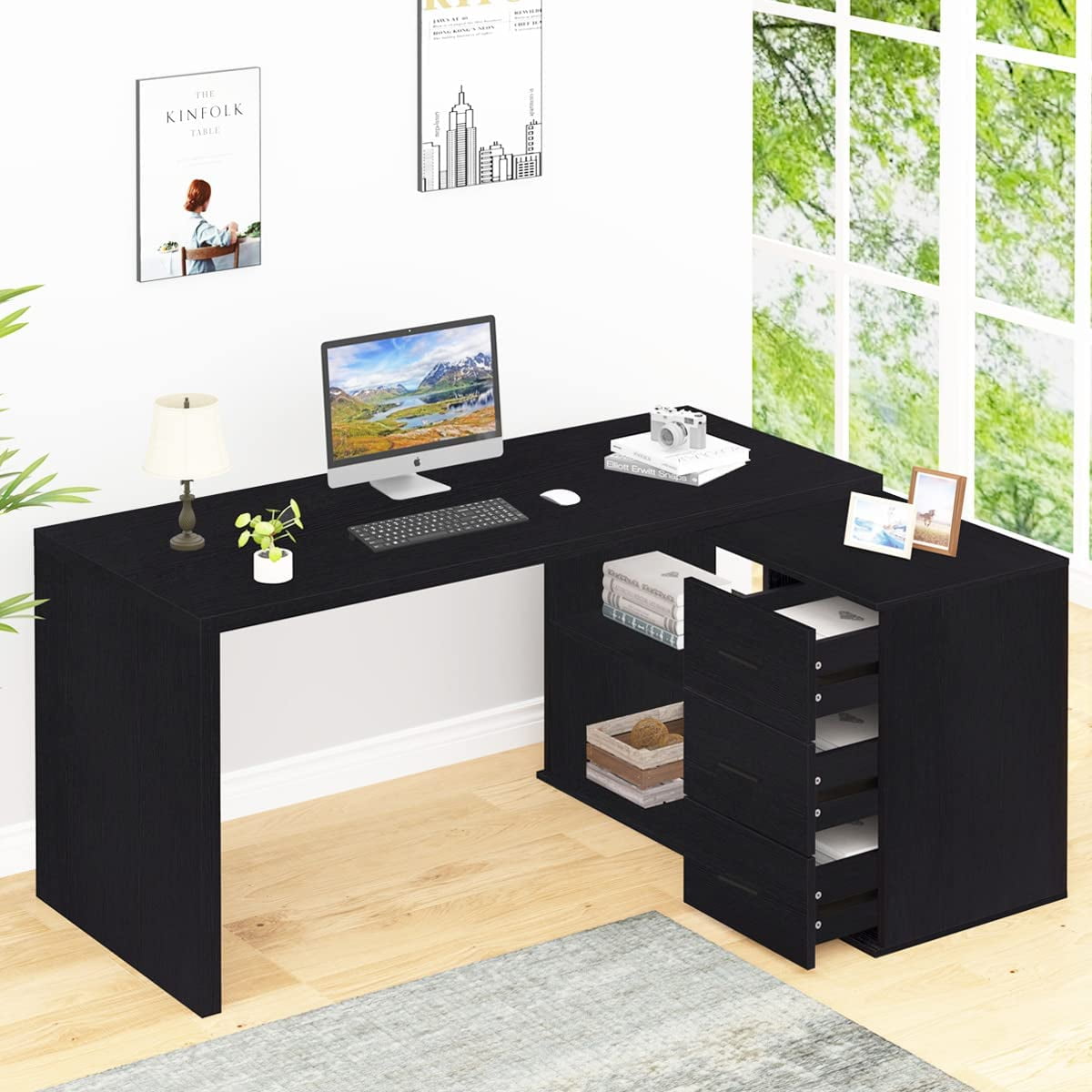 HSH Black L Shaped Computer Desk with Drawers, L Shaped Home Office ... HSH Black L Shaped Computer Desk with Drawers, L Shaped Home Office ...