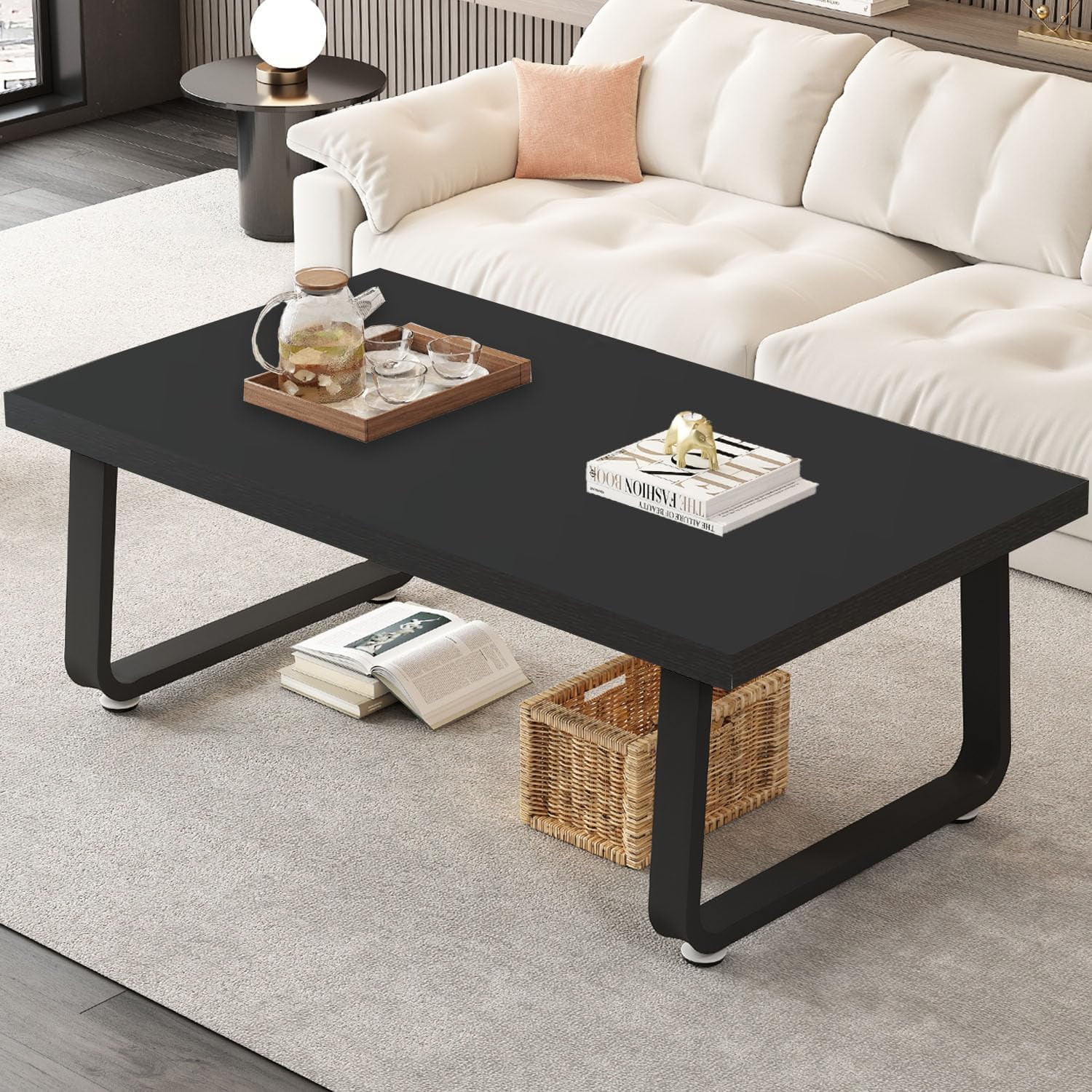 HSH Black Modern Coffee Table, Rustic Wood and Metal Center Table ...
