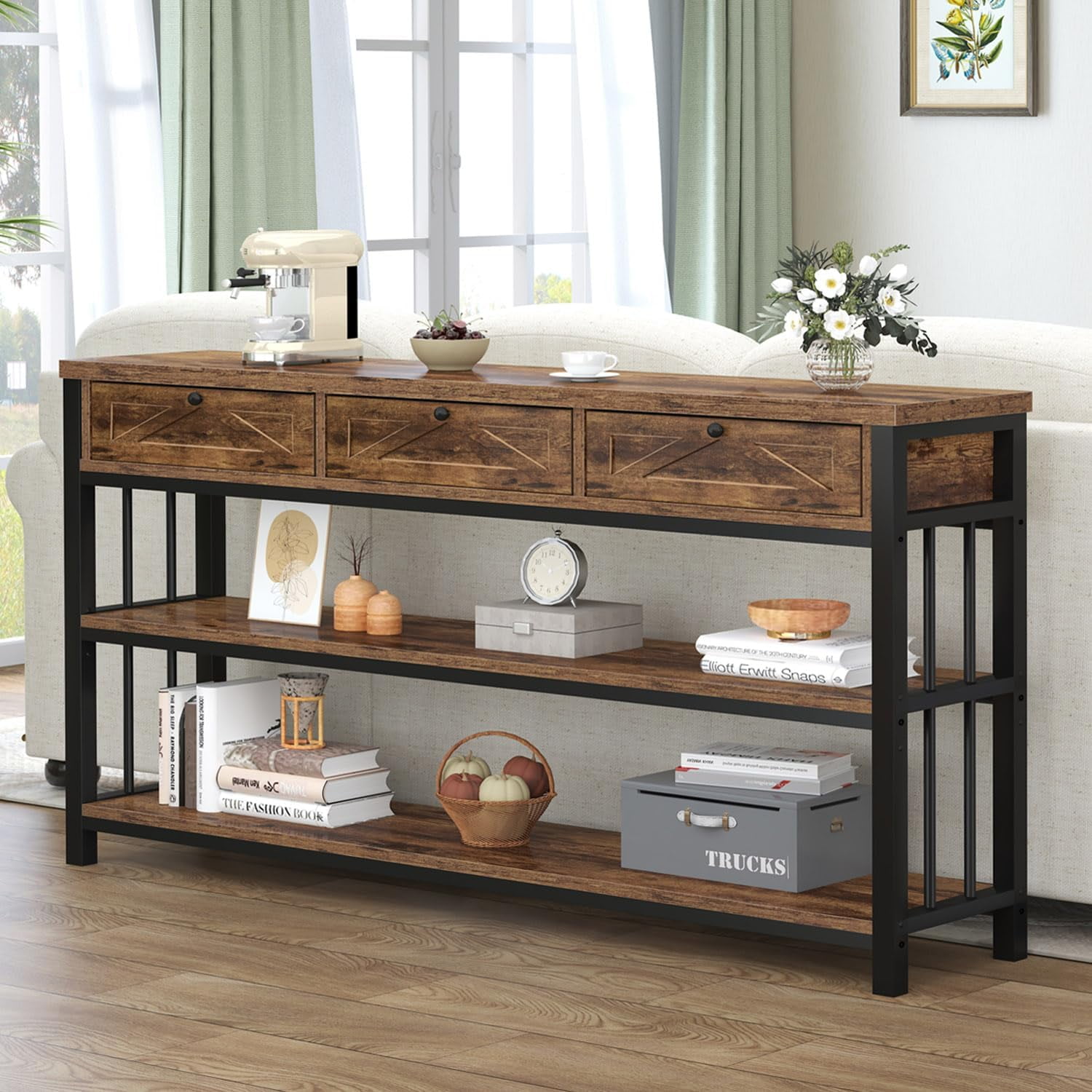HSH Entryway Table with 3 Drawers, 55” Rustic Sofa Table with Storage ...