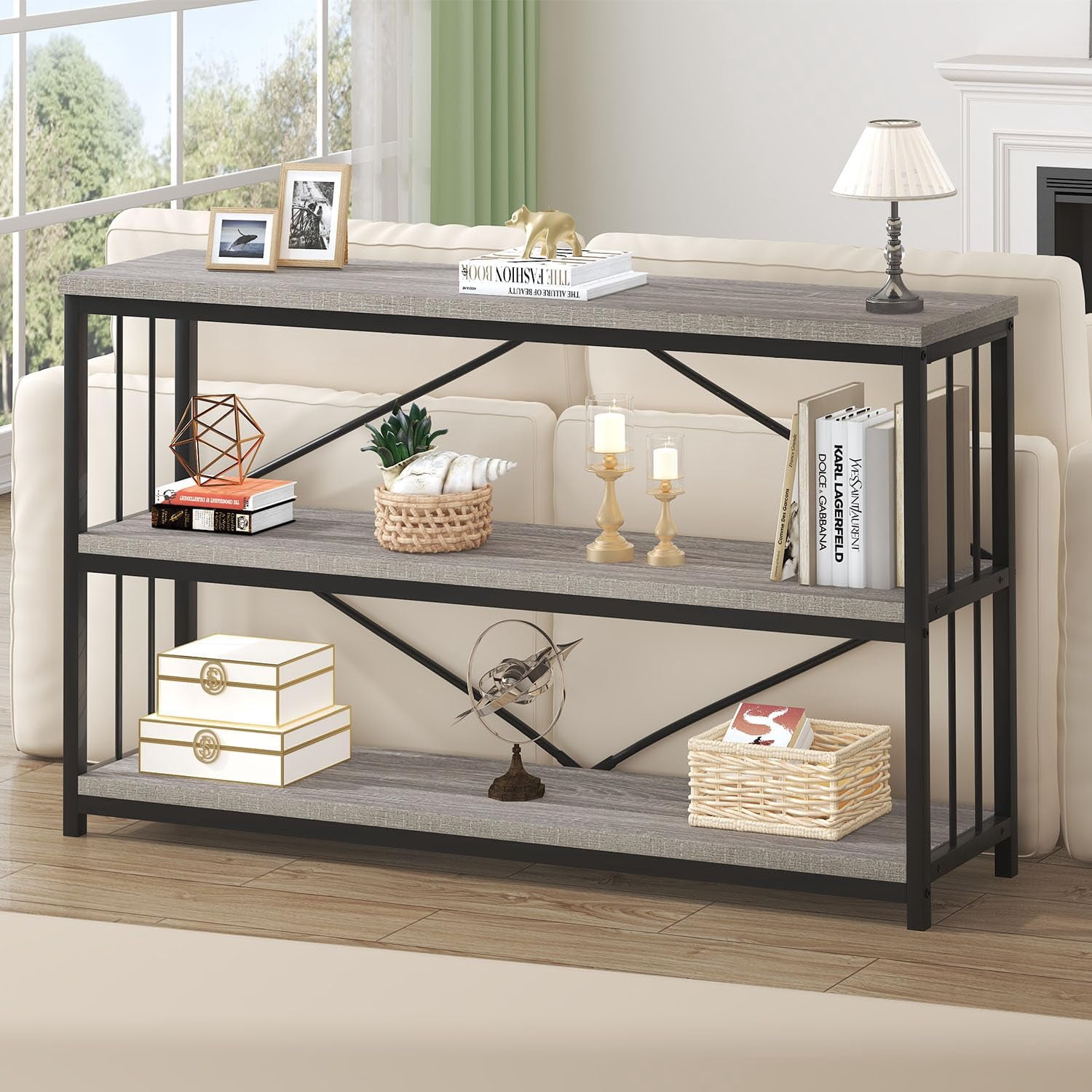 HSH Horizontal Bookshelf, Industrial Metal Wood Low Bookcase, Open 3 ...