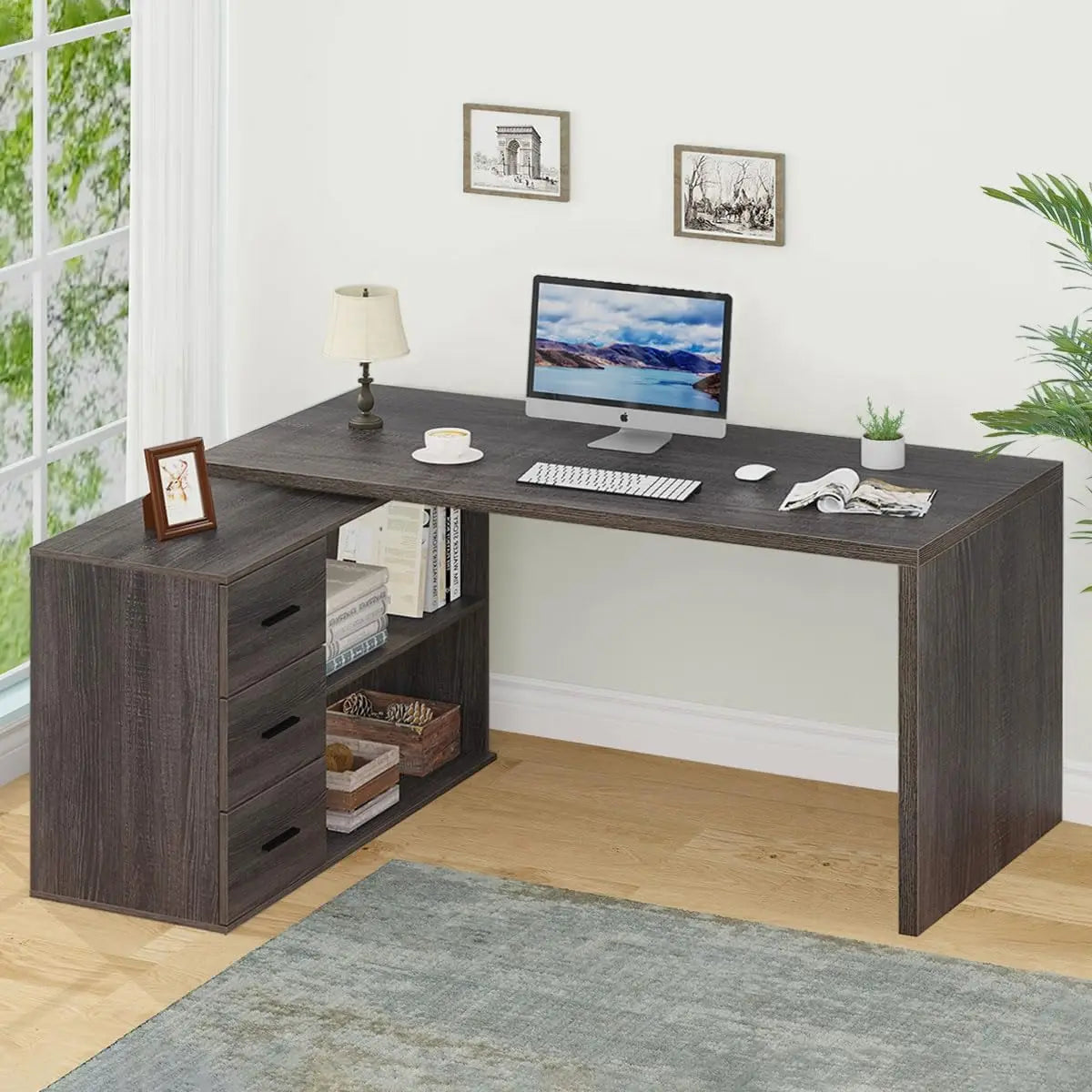 HSH L Shaped Computer Desk with Drawers, L Shaped Desk with Storage ...